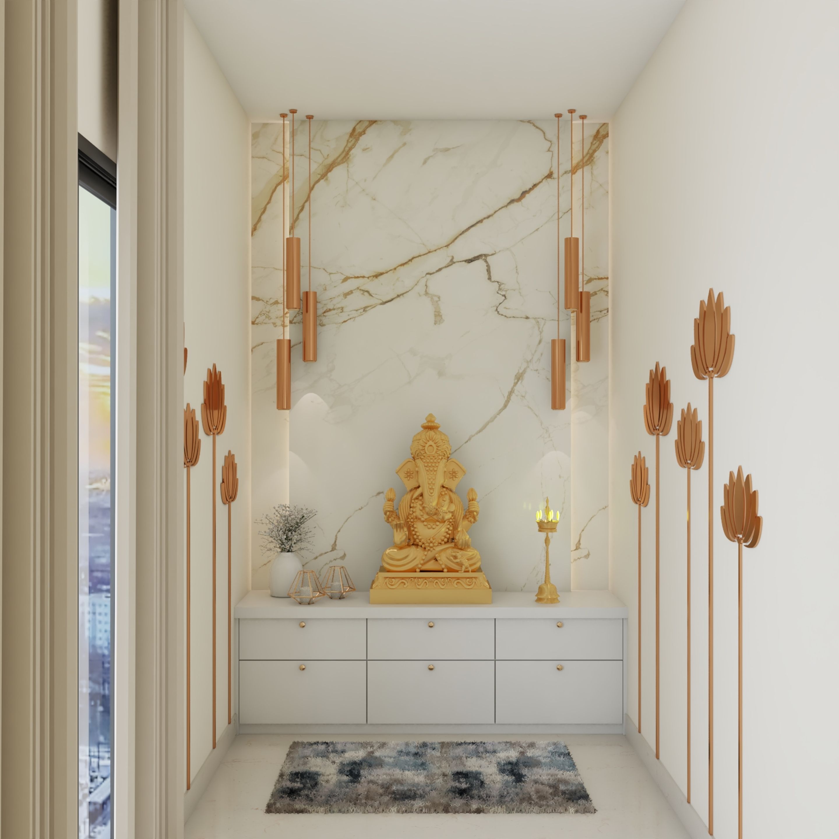 Frosty White Floor-Mounted Pooja Room Design | Livspace Frosty White Floor-Mounted Pooja Room Design | Livspace