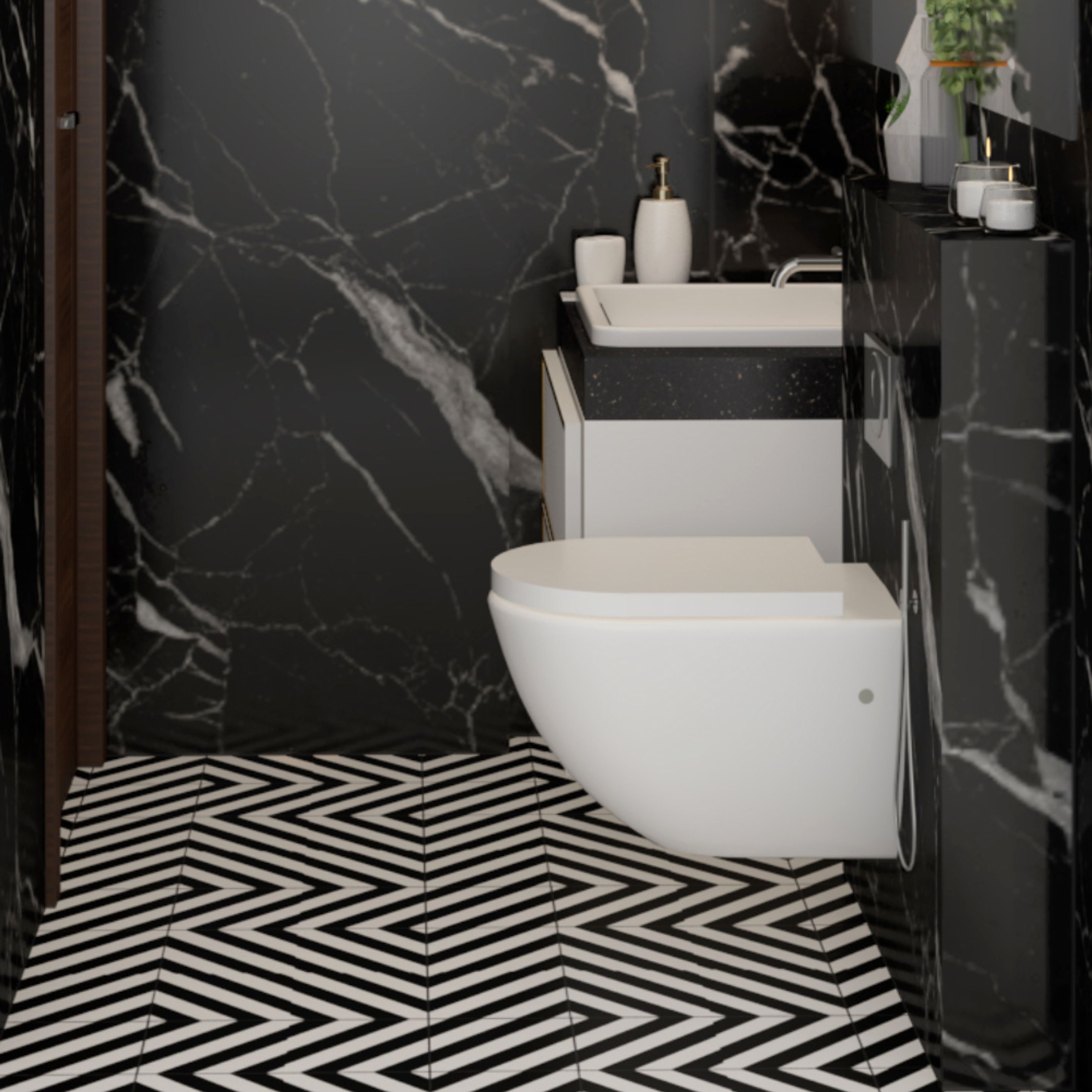 Ceramic Matte Black And White Bathroom Tile Design | Livspace