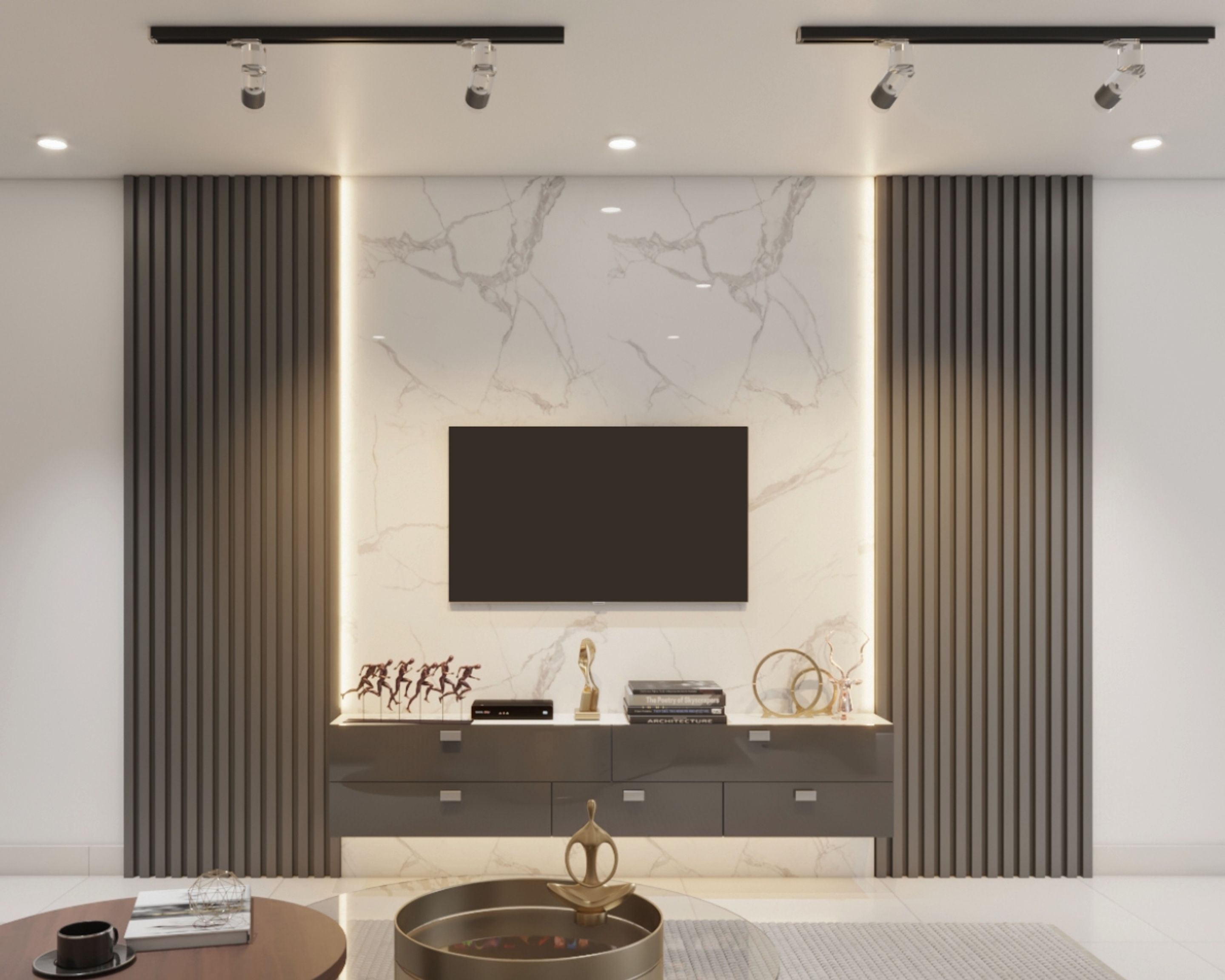 Gothic Grey High-Gloss TV Unit Design | Livspace