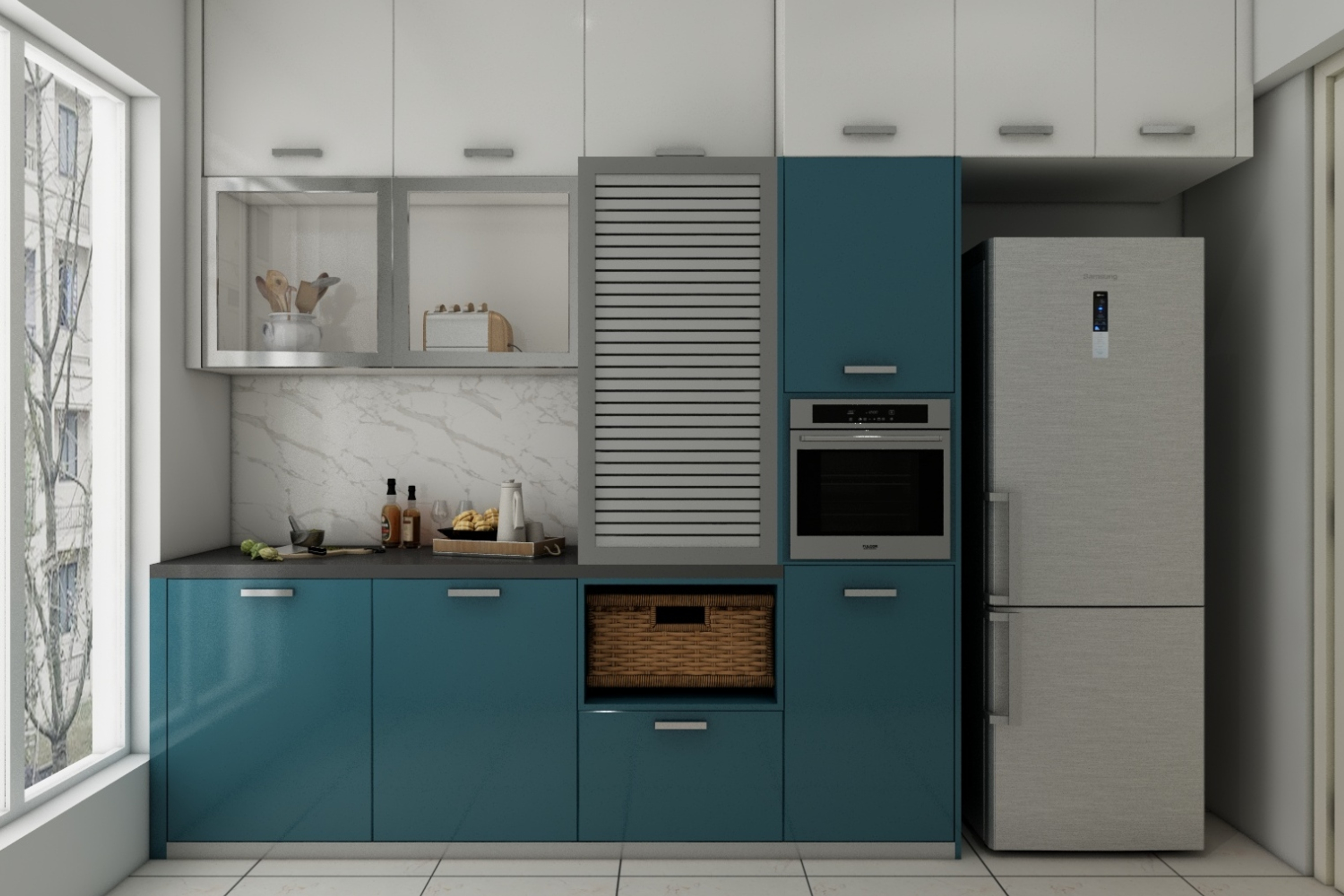 Modular Kitchen Design With White And Teal Storage Units - 11X10 Ft ...