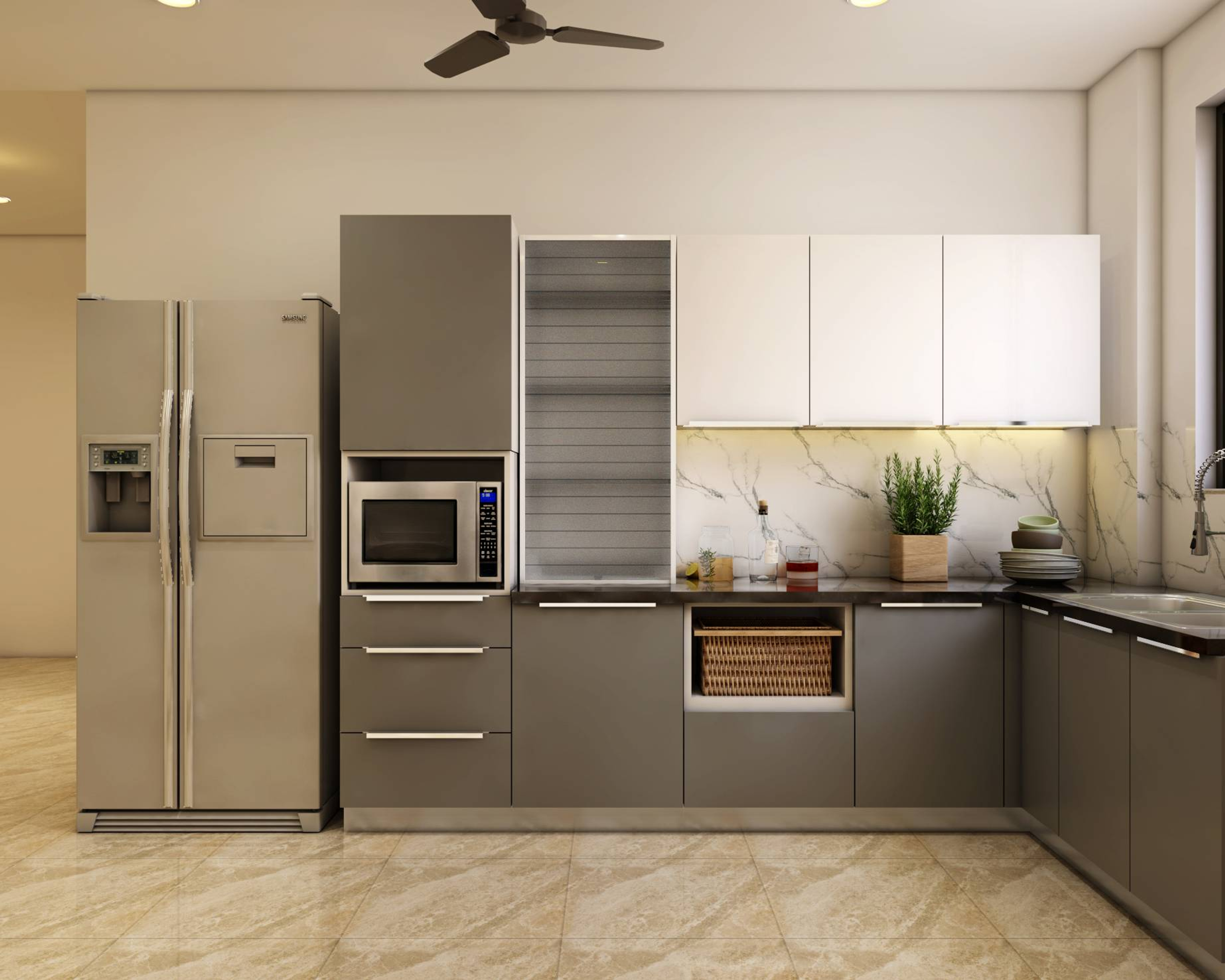 Spacious Grey-Themed Kitchen Design With Golden Ledges And Breakfast ...