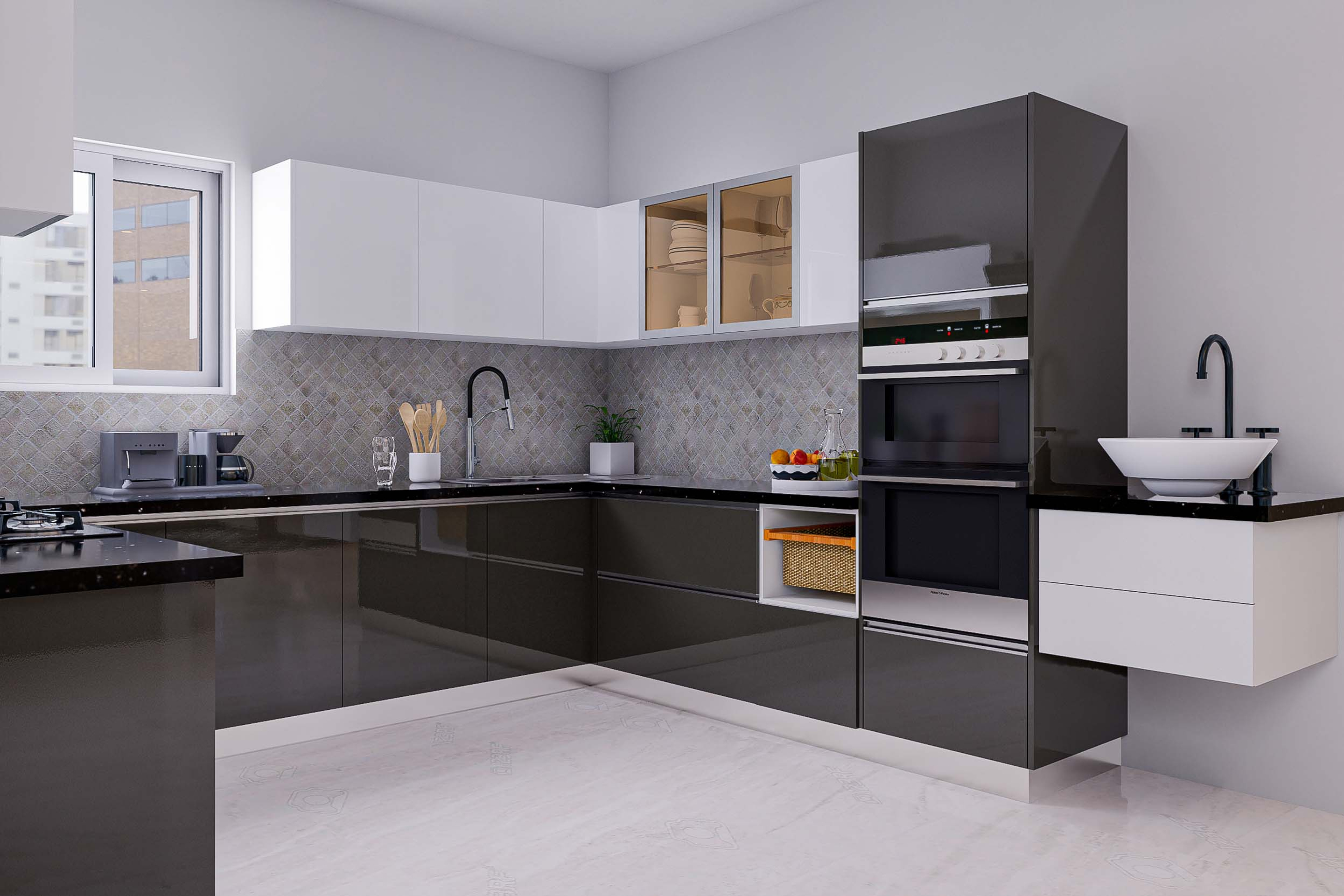 U-Shaped Modern Kitchen Design With Black Faucets | Livspace