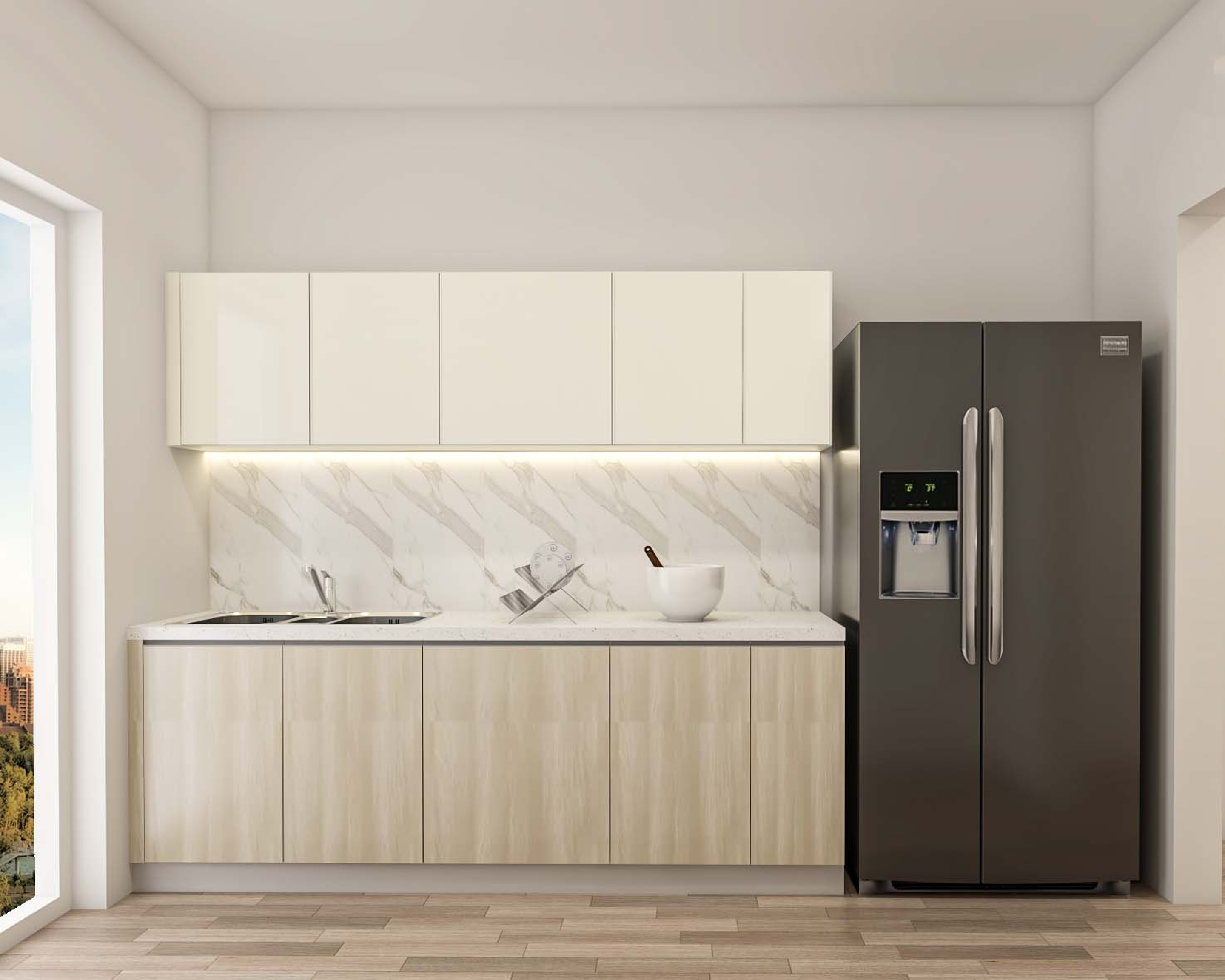 Spacious Parallel Kitchen Design With Marble Dado Tiles | Livspace