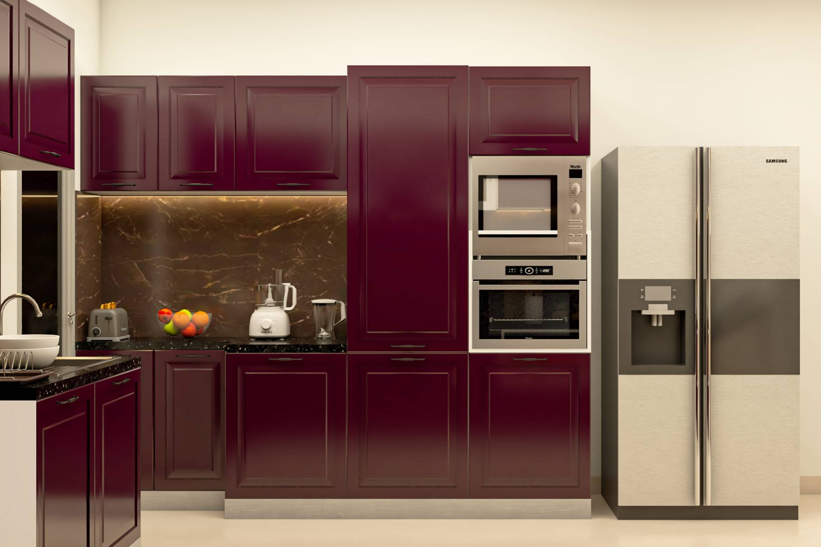 Contemporary Modular Kitchen Cabinet Design With Maroon Cabinets | Livspace