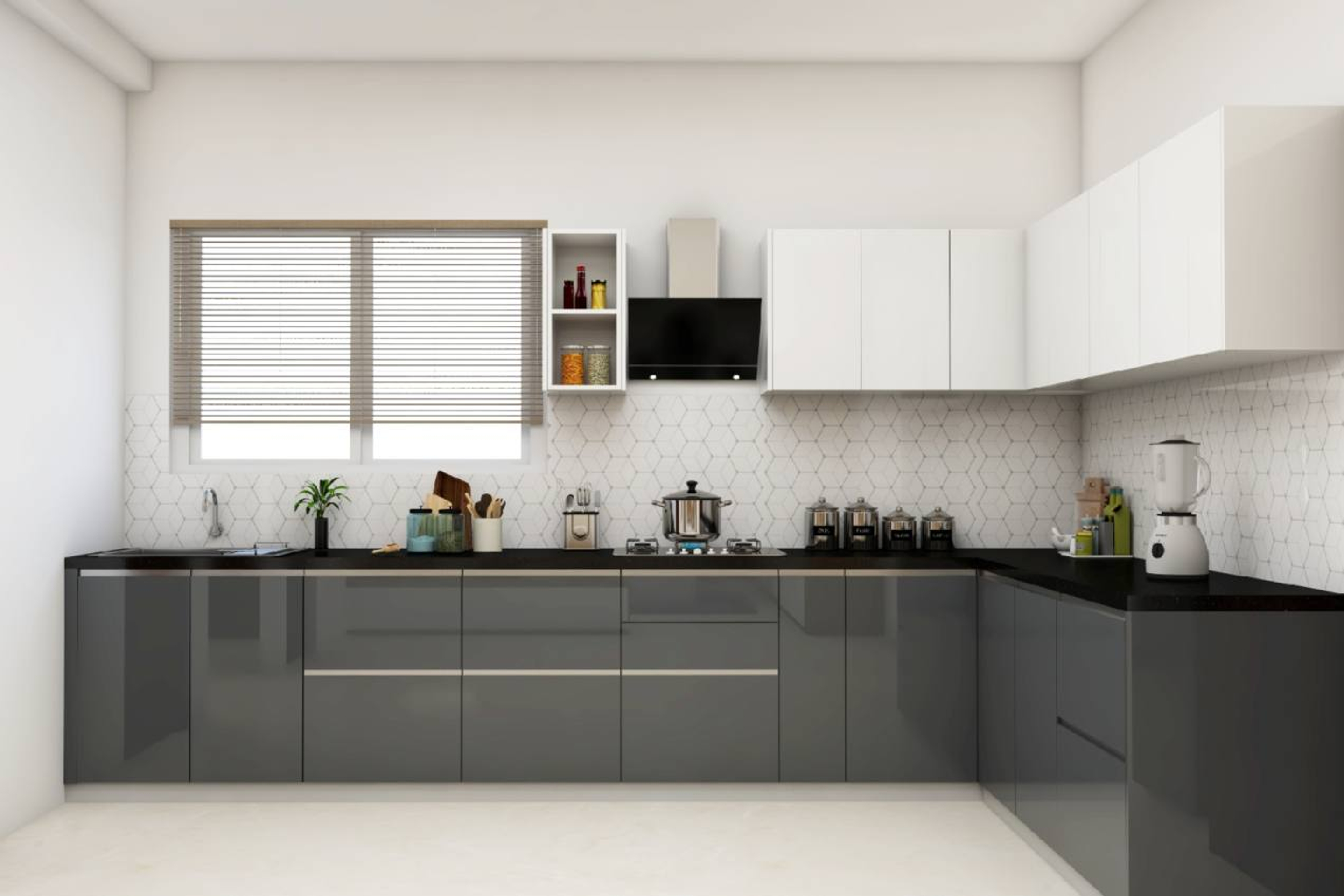 Dark Grey L-Shaped Kitchen Design With Glossy Laminates | Livspace