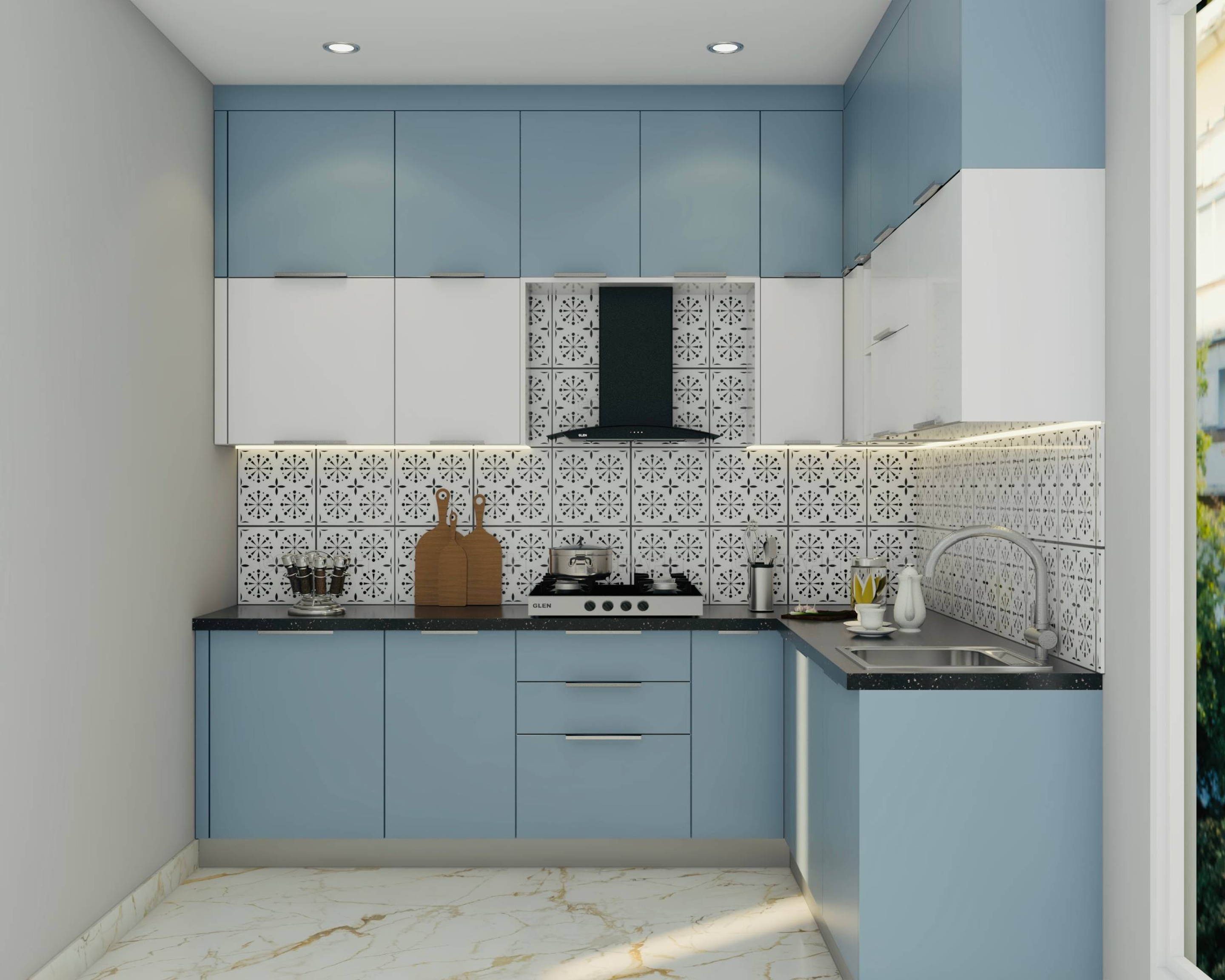 Contemporary Blue-Toned Kitchen Design With Geometric Dado | Livspace