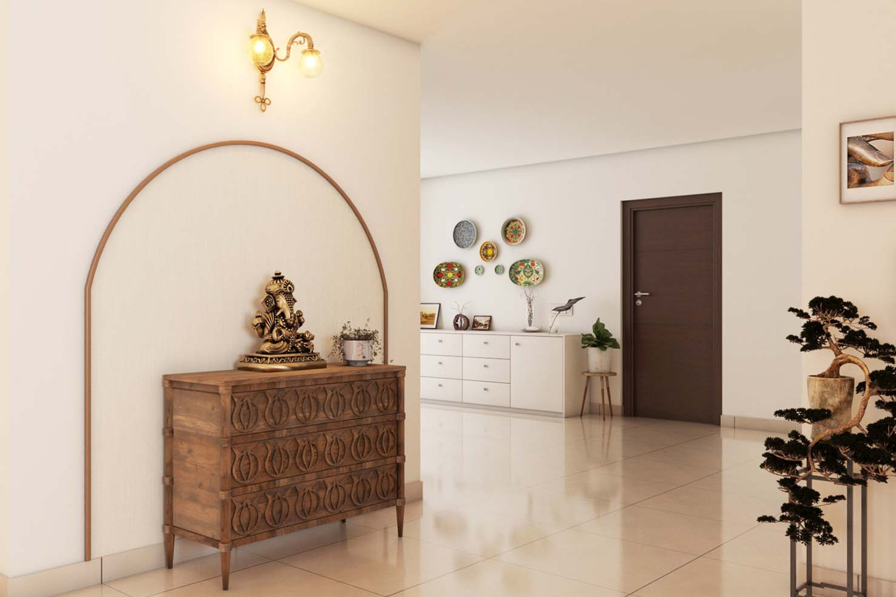 Traditional Pooja Unit with Chest of Drawers and Wooden Arch | Livspace