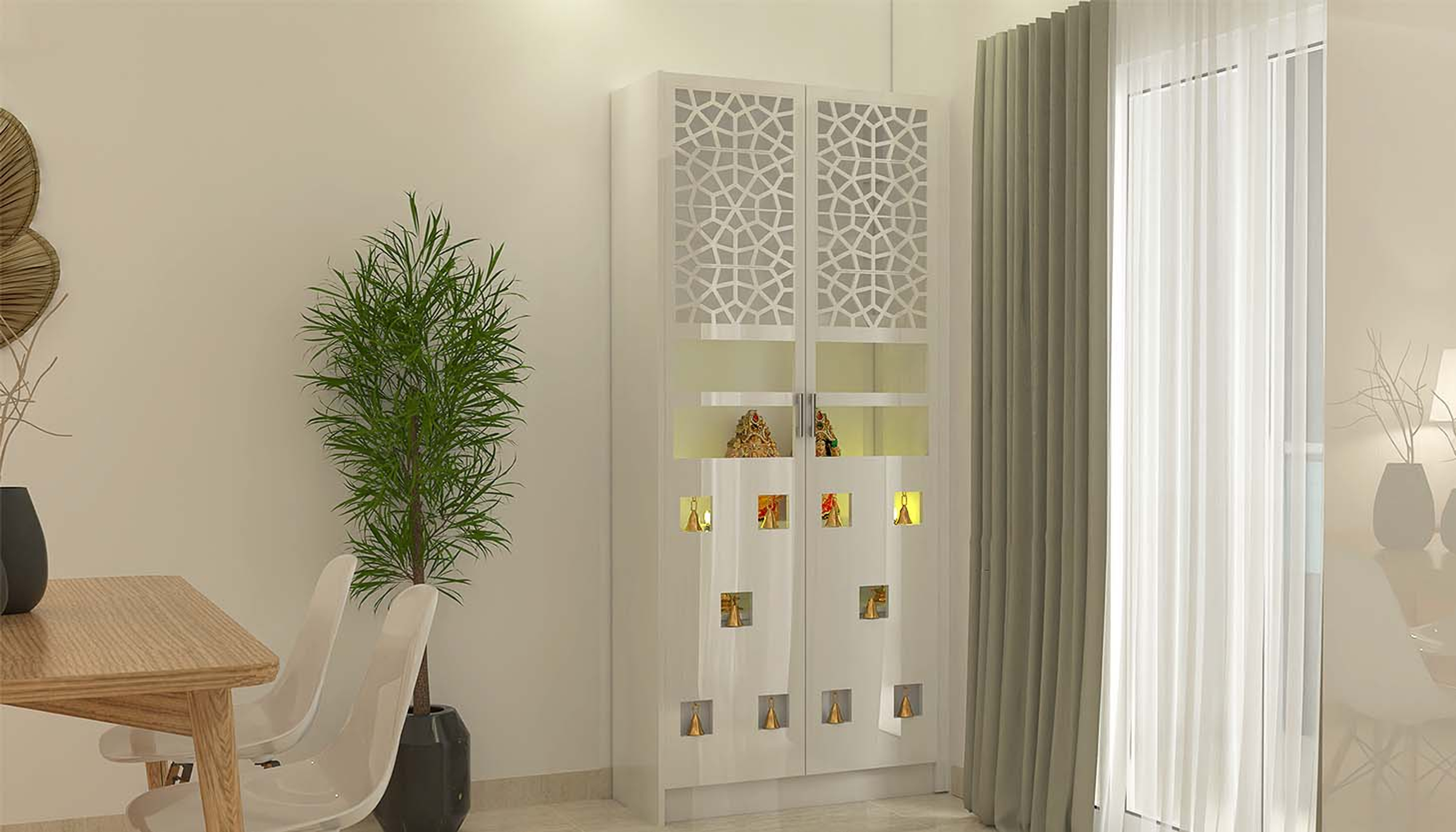 Classic Mandir Design With Jaali Partitions And Hanging Bells | Livspace
