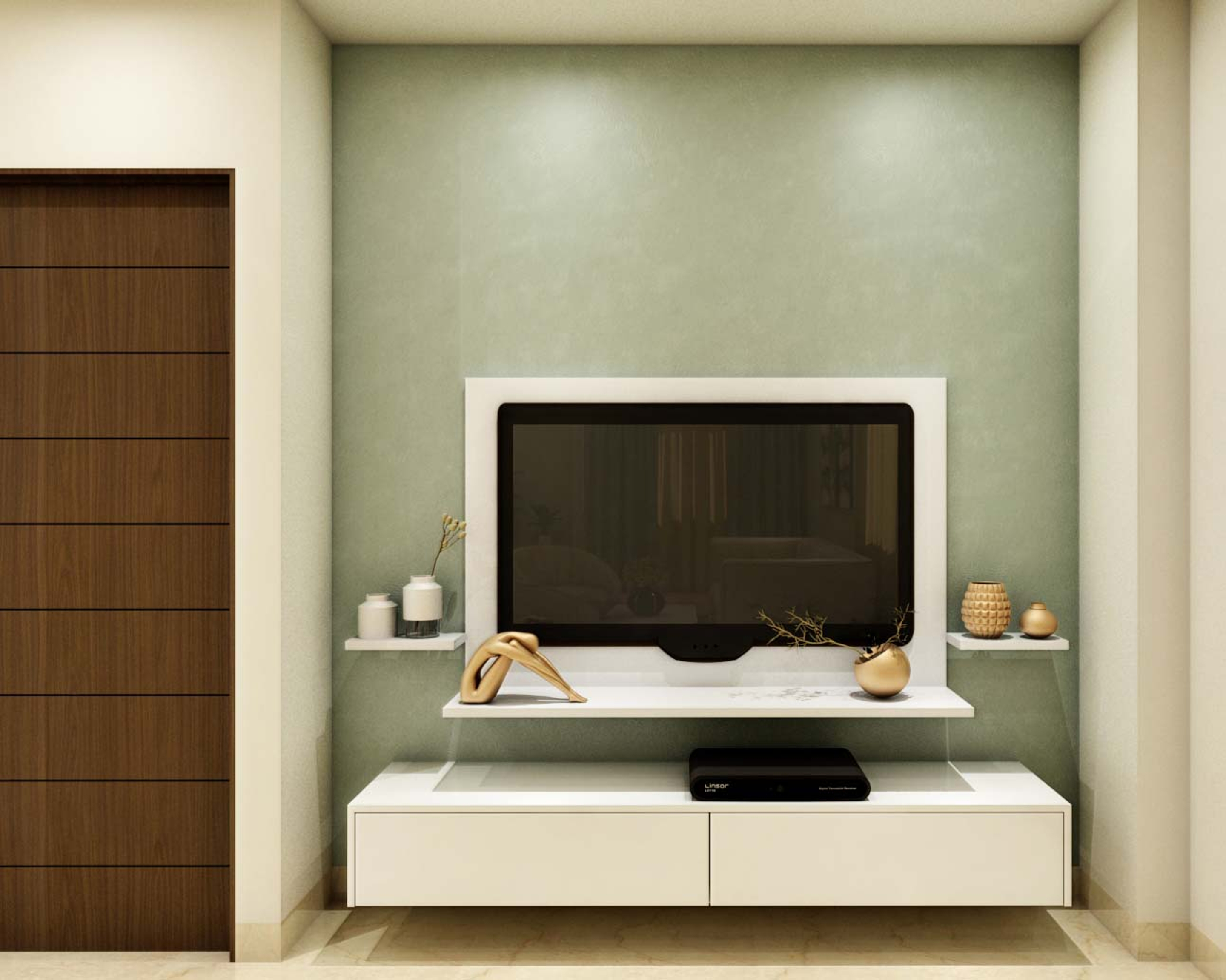 Modern TV Unit Design with Pastel Green Wall and Max Storage | Livspace