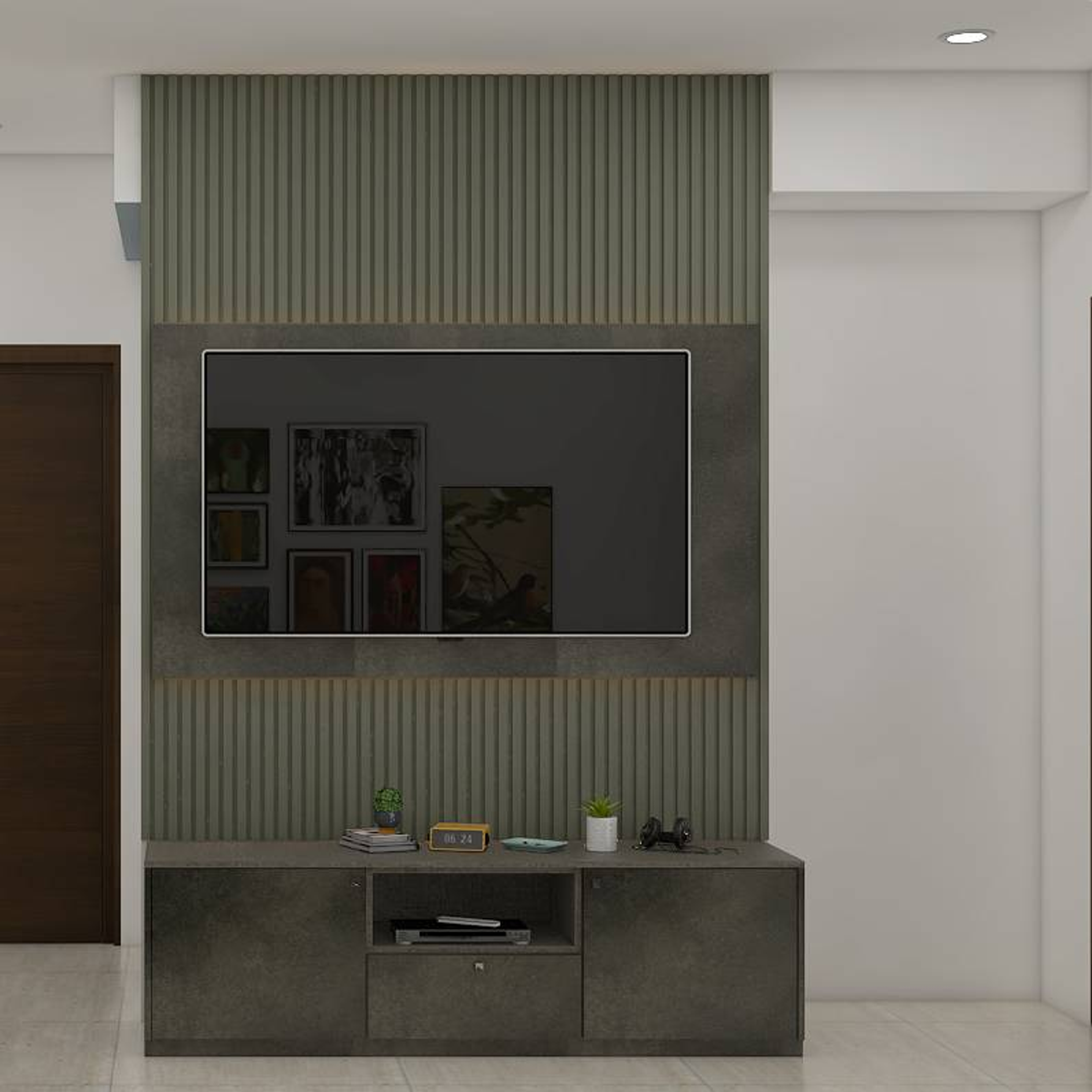 Compact TV Unit Design With Fluted Panel And Console | Livspace