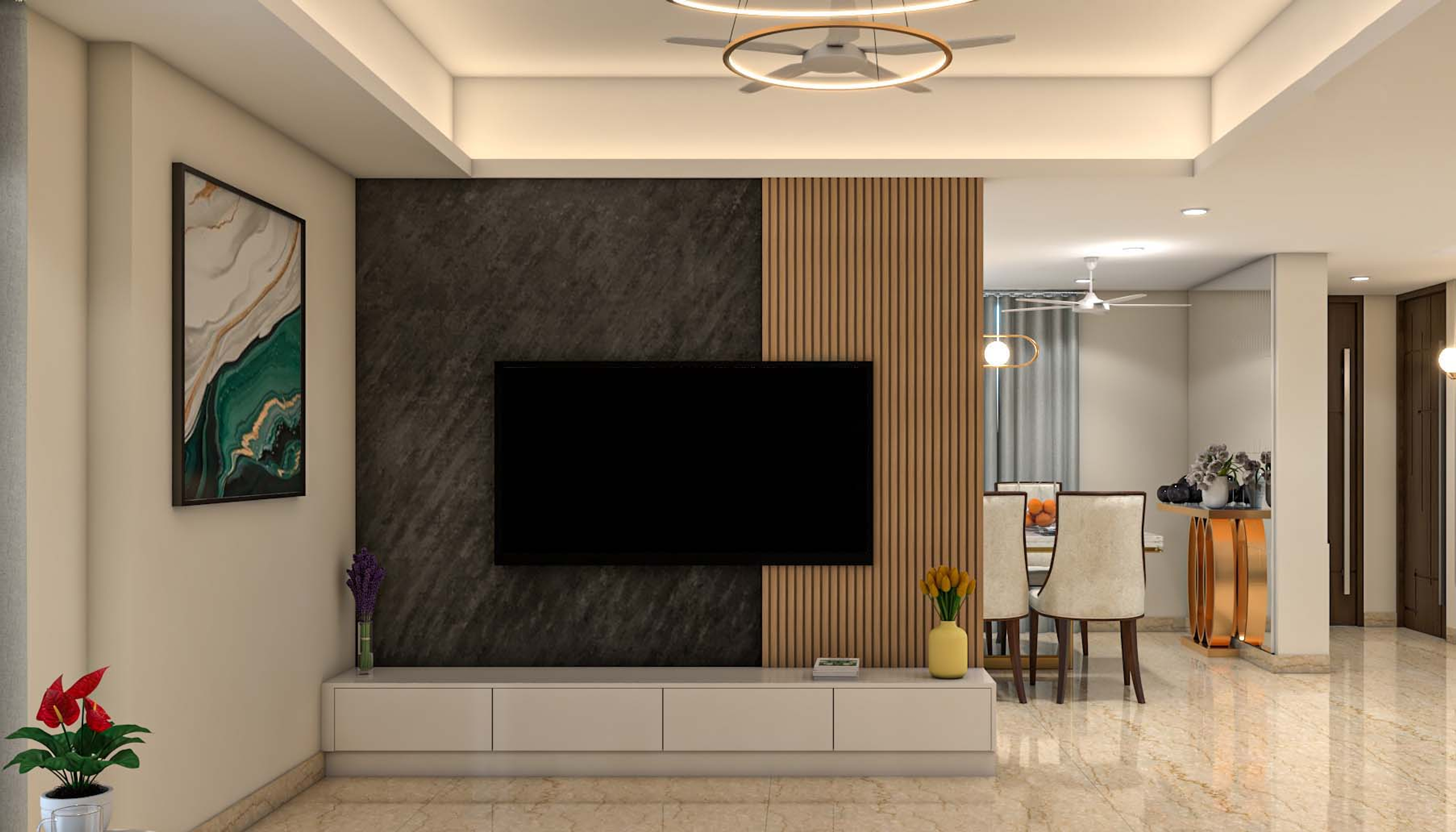 Contemporary TV Unit Design With Black Marble And Wooden Rafters | Livspace