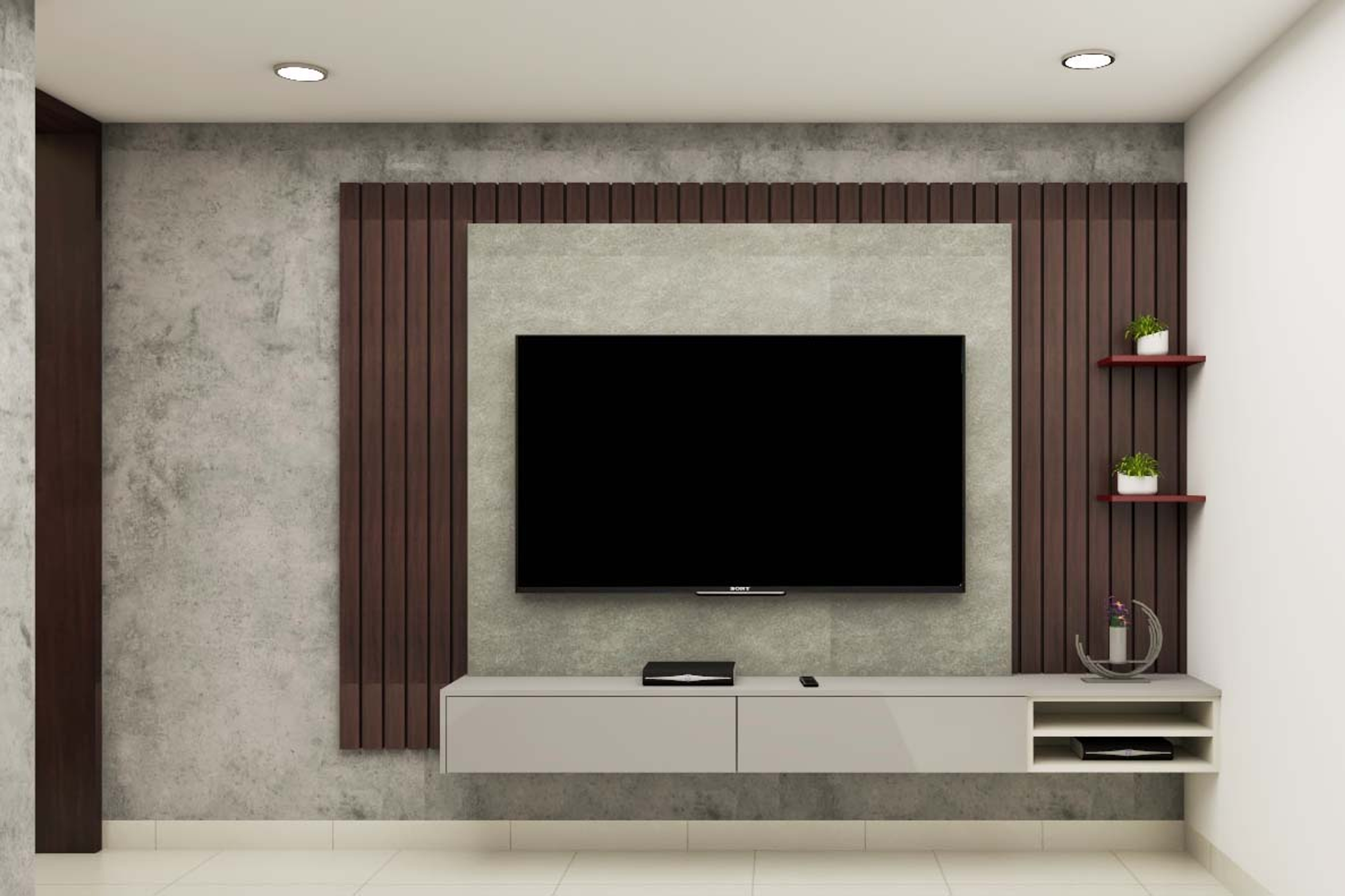 Spacious TV Unit Design With Dark Wooden Panels | Livspace