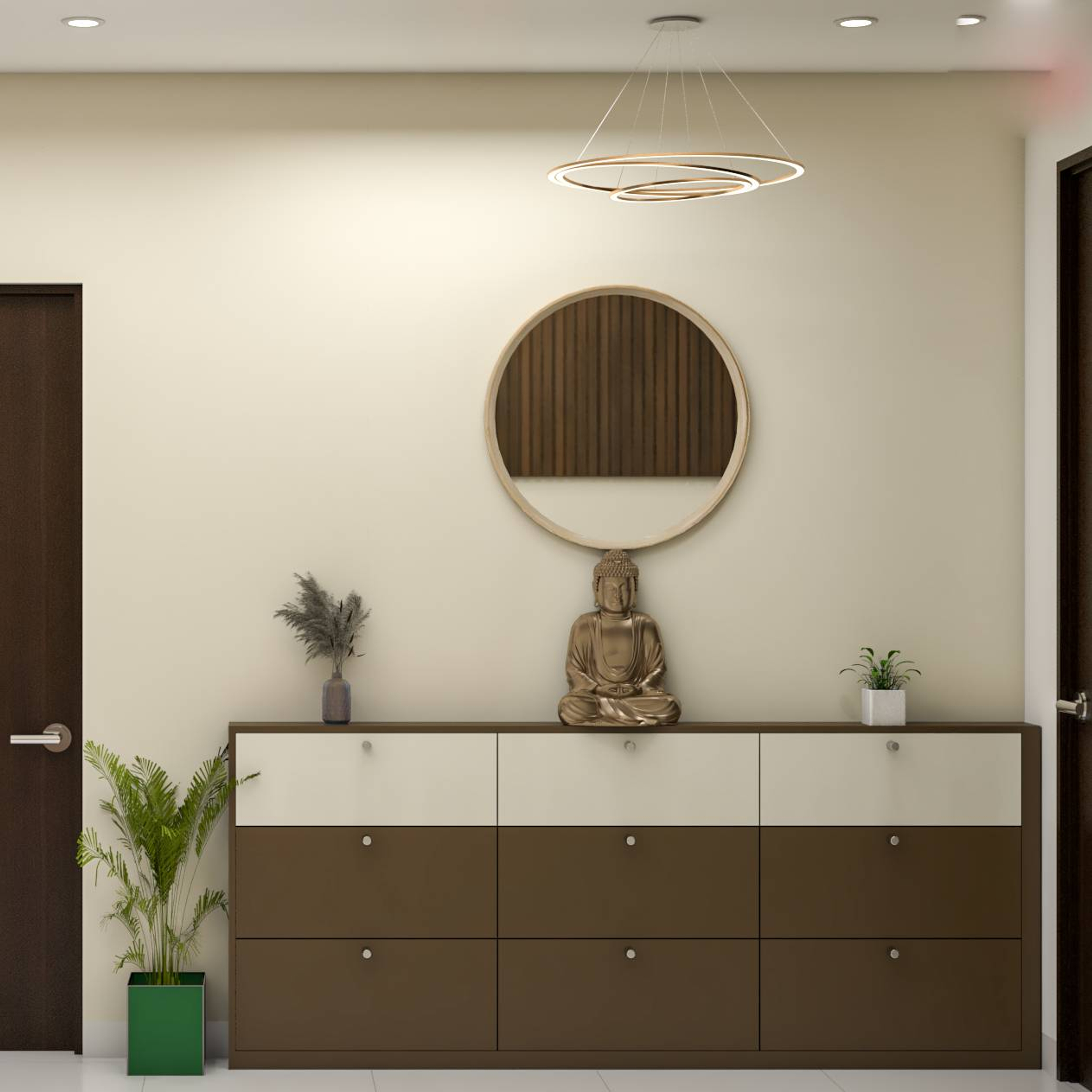 Spacious Foyer Design With Floor-Mouted Storage Unit And Beige Wall ...