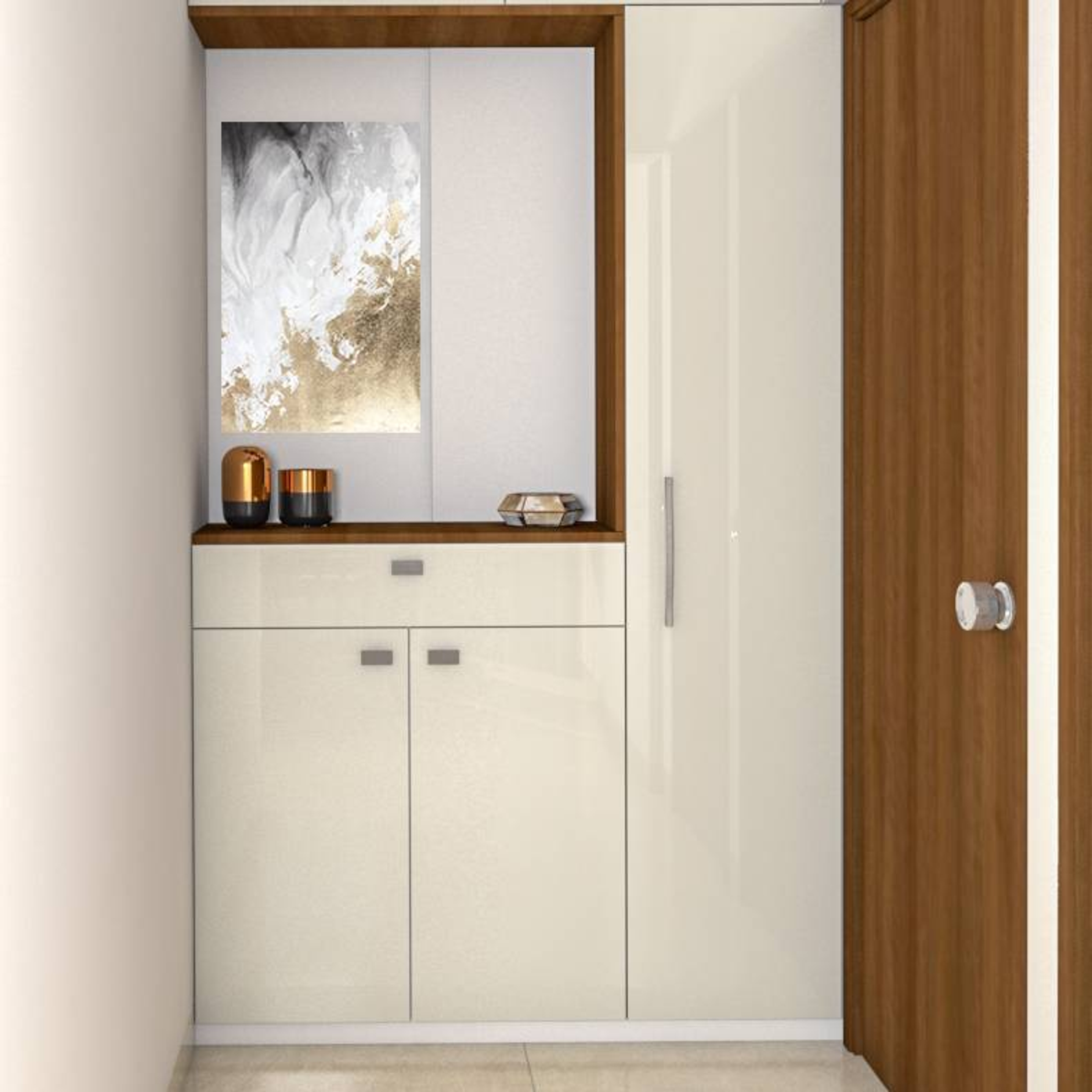 Compact All-White Foyer Design With Floor Mounted Closed Storage | Livspace