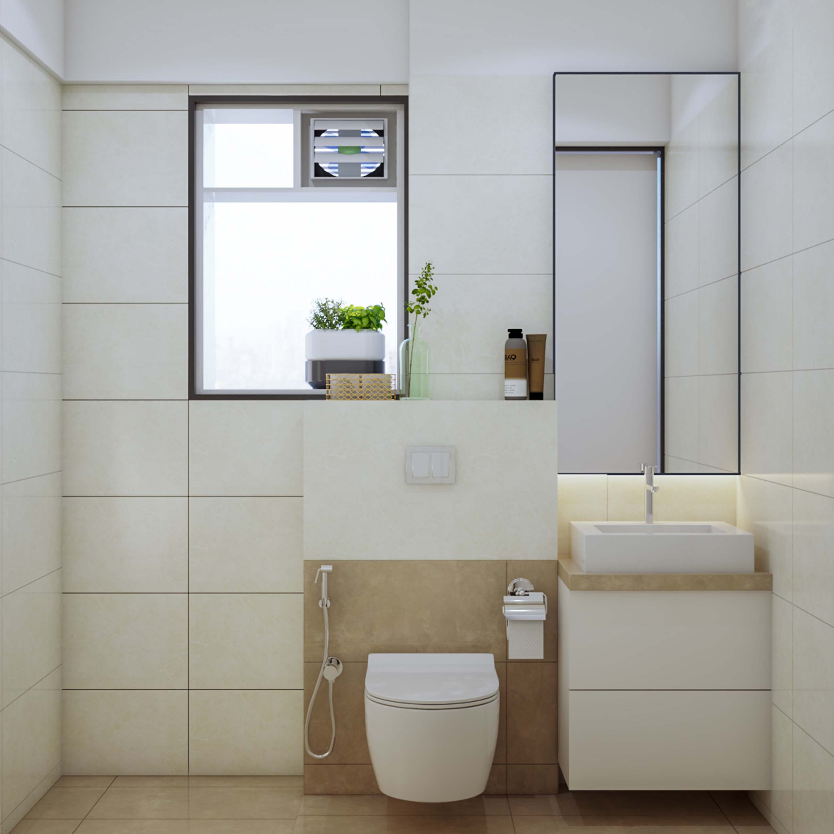 Spacious Bathroom Design In Beige And White | Livspace