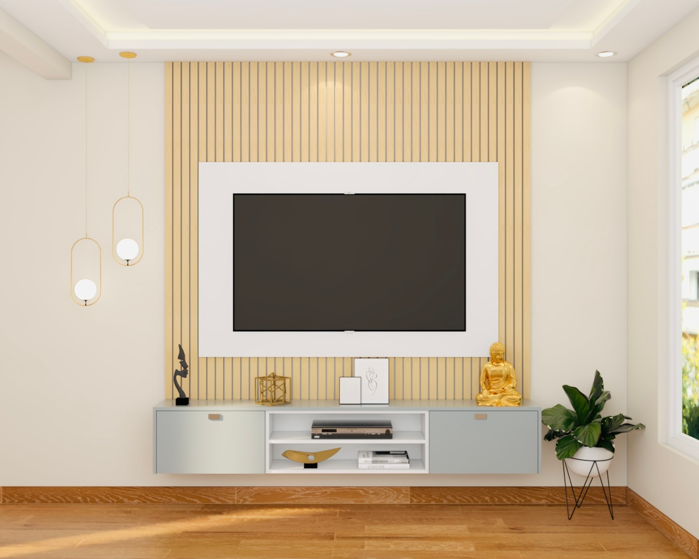 Modern Beige And Blue TV Unit Design| Livspace