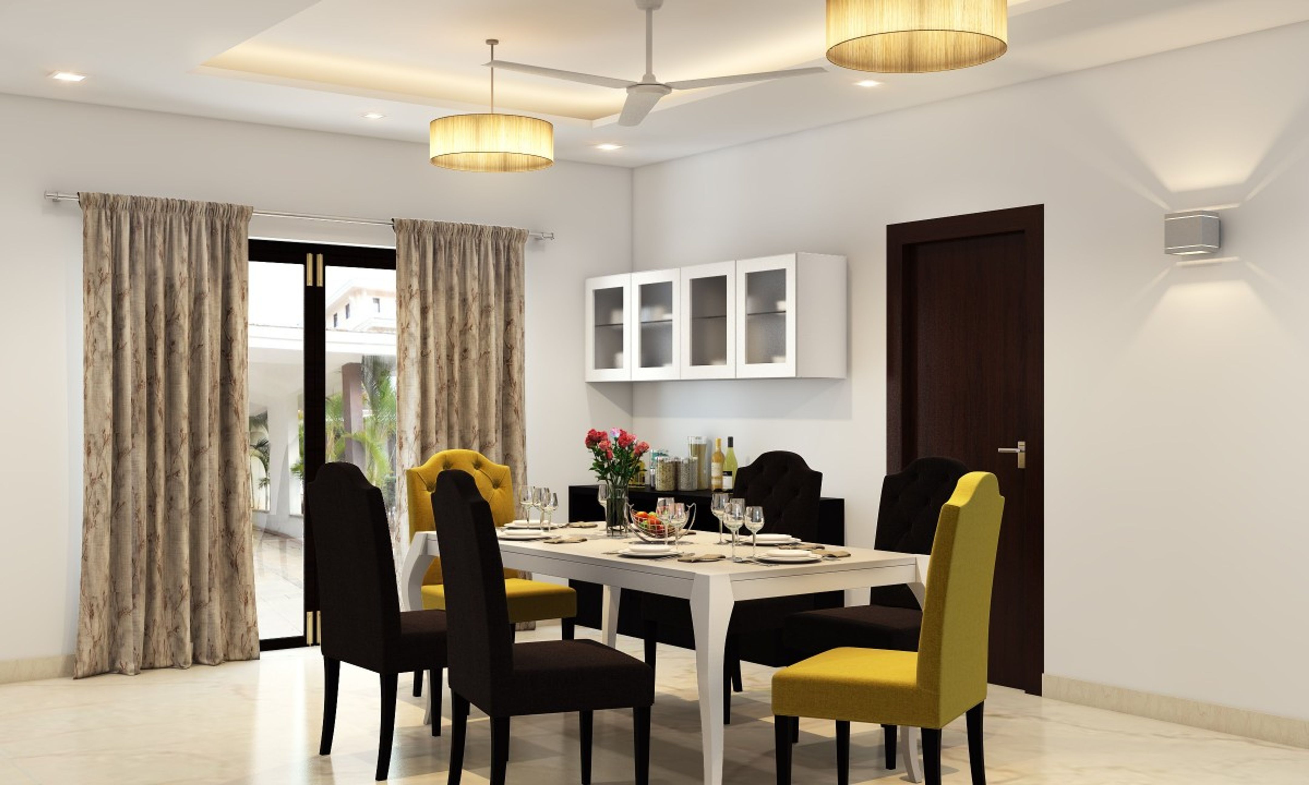 6-Seater Dining Room Design With Black And Yellow Chairs | Livspace