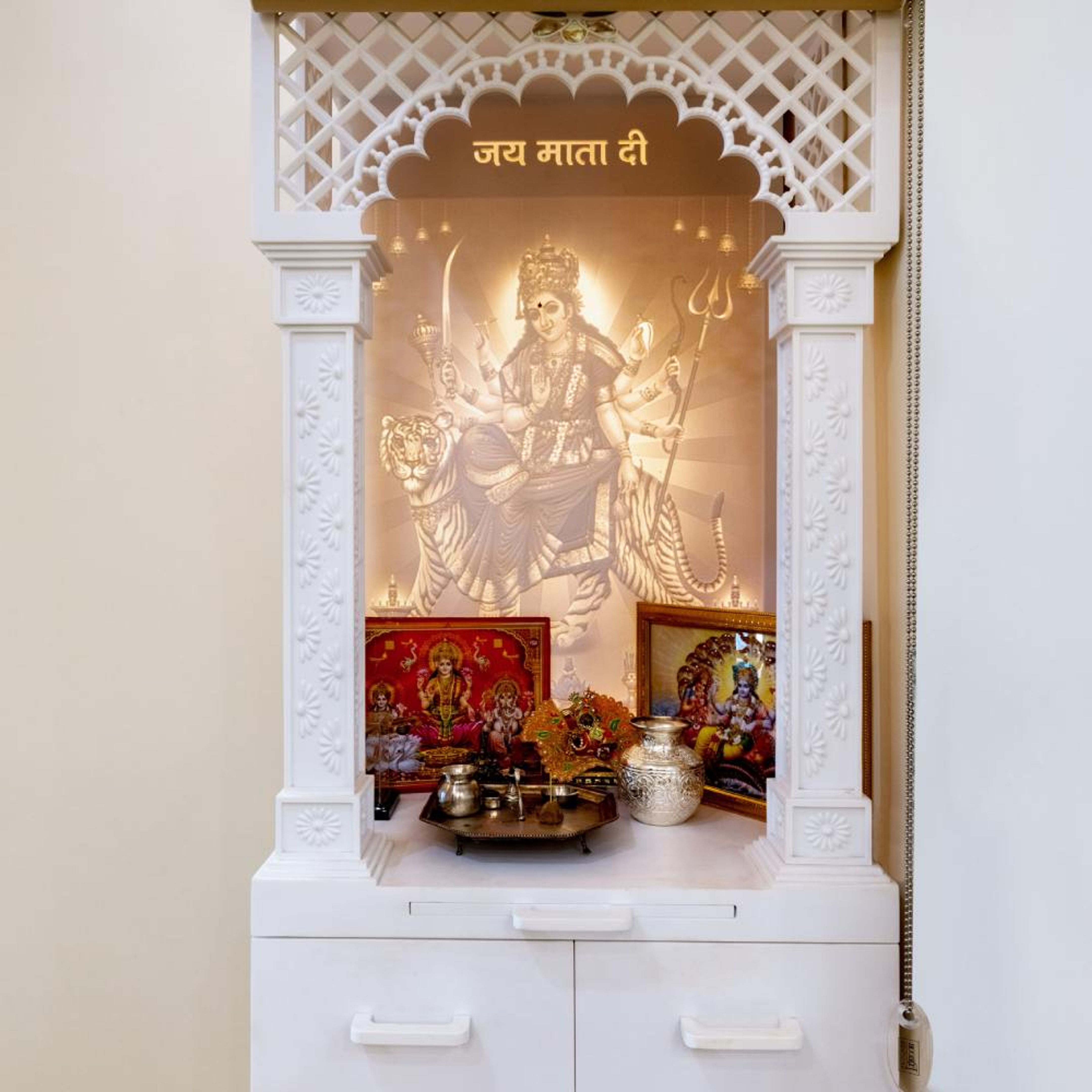 Compact Pooja Unit Design In Frosty White | Livspace