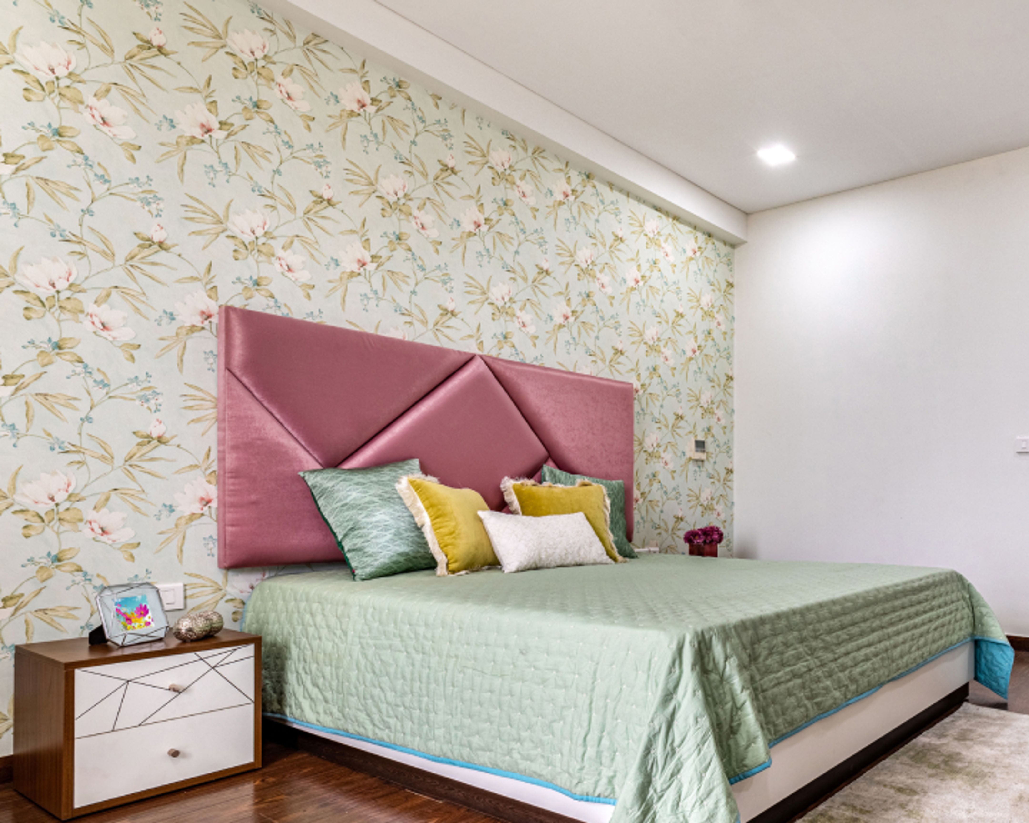 Floral Bedroom Wallpaper Design With A Green Base | Livspace