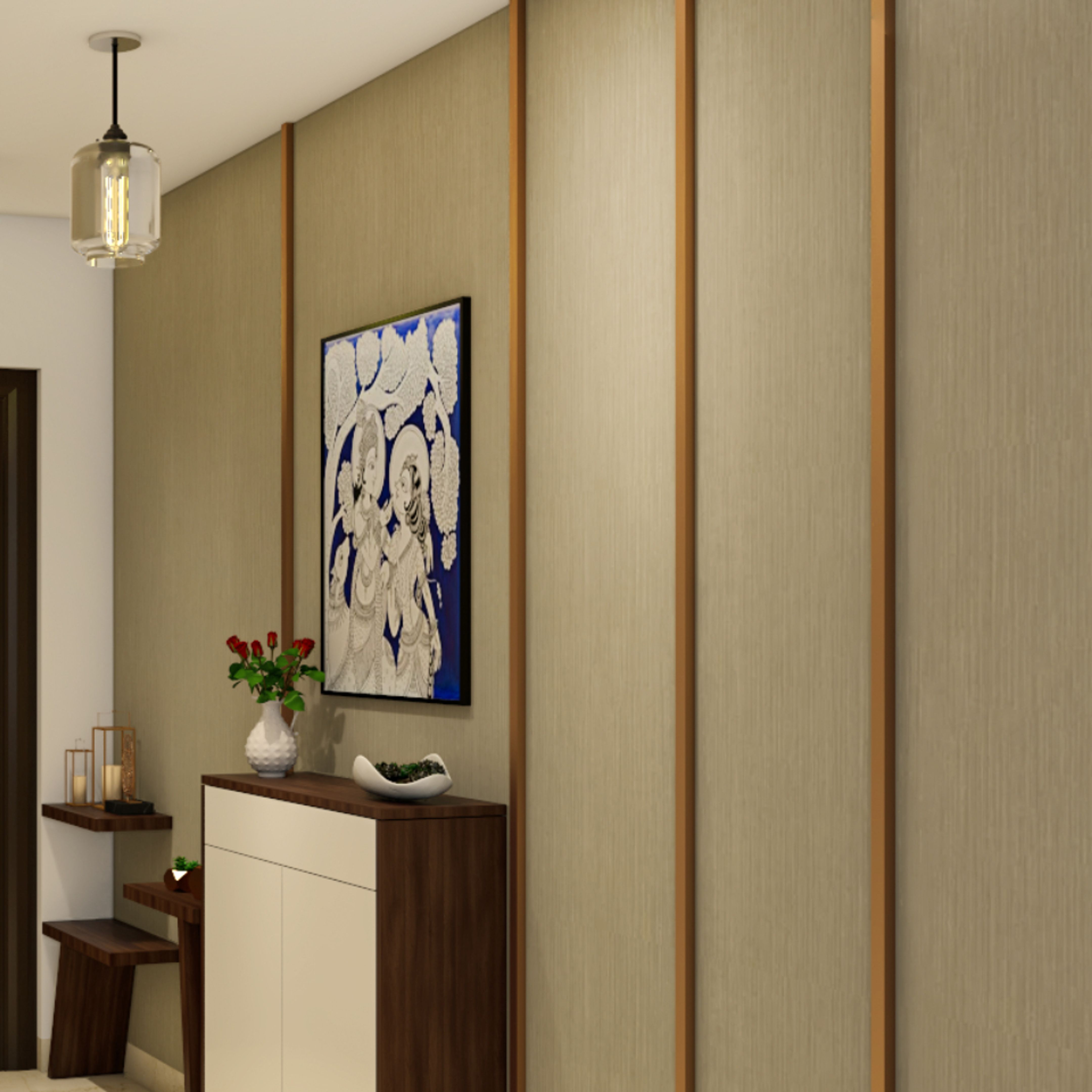 Textured Living Room Wallpaper Design With Golden Inlays | Livspace