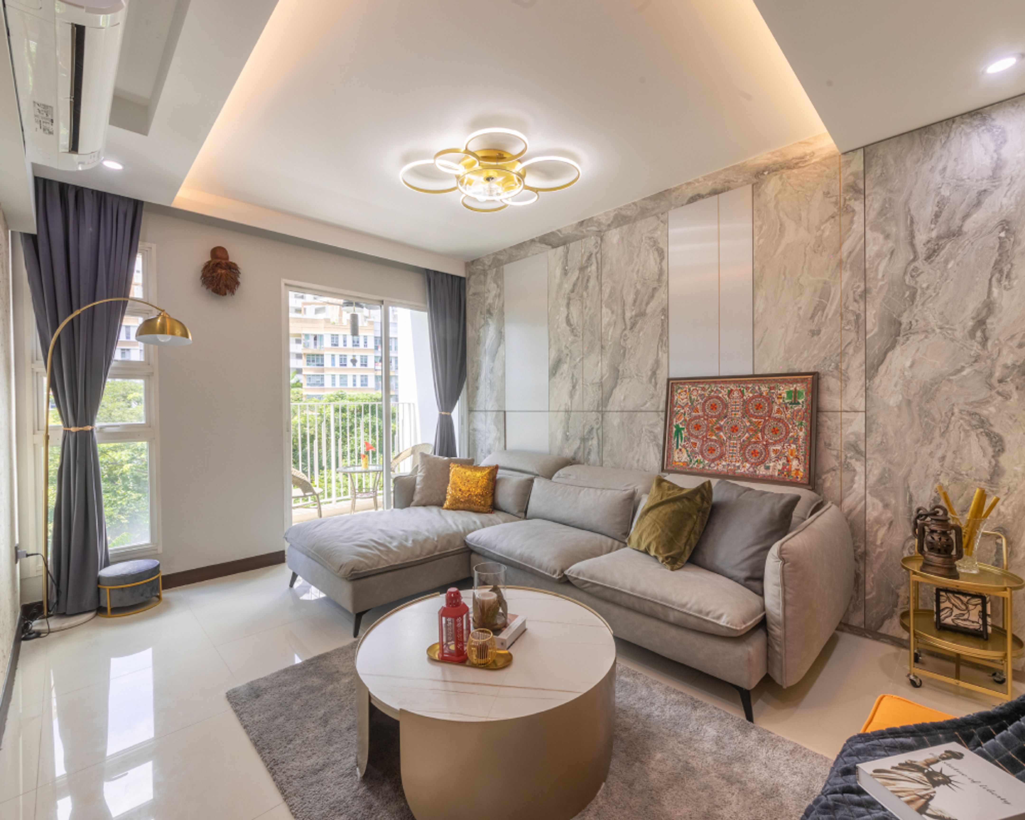 L-Shaped False Ceiling Design With Chandelier - Livspace