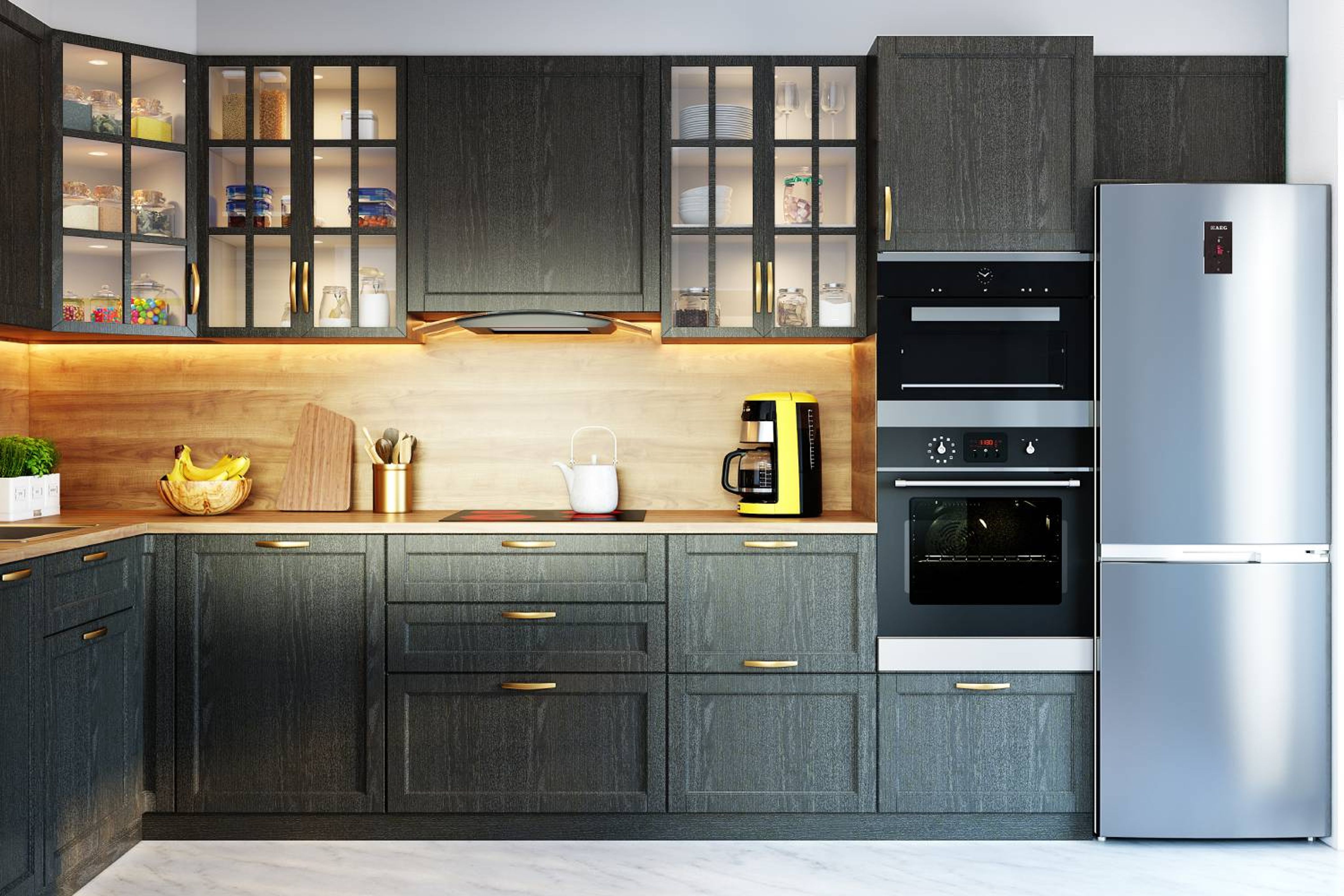 Black L Shaped Kitchen Design With Brass Handles | Livspace