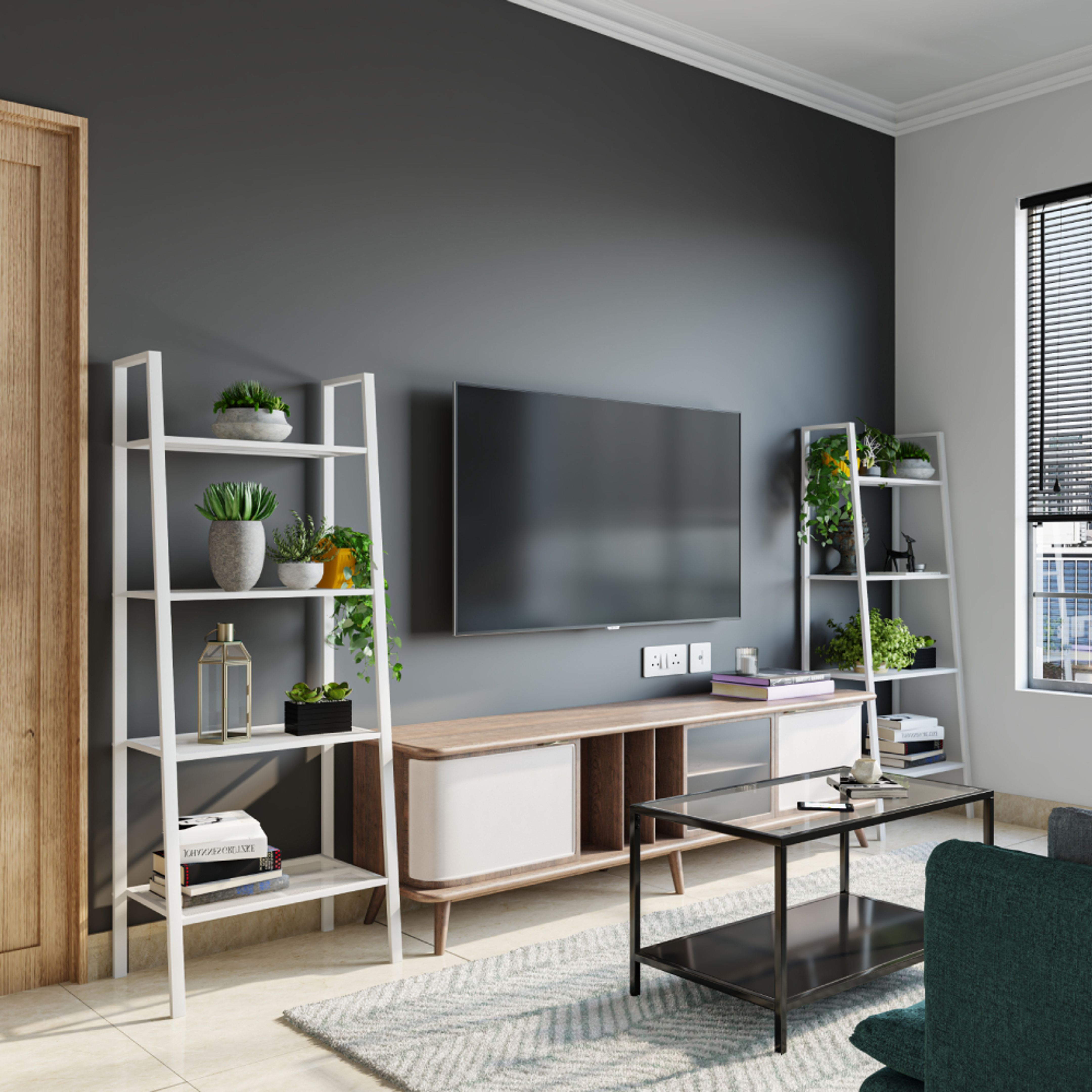 Minimal Scandinavian TV Unit Design with Open Ladder Iron Storage ...