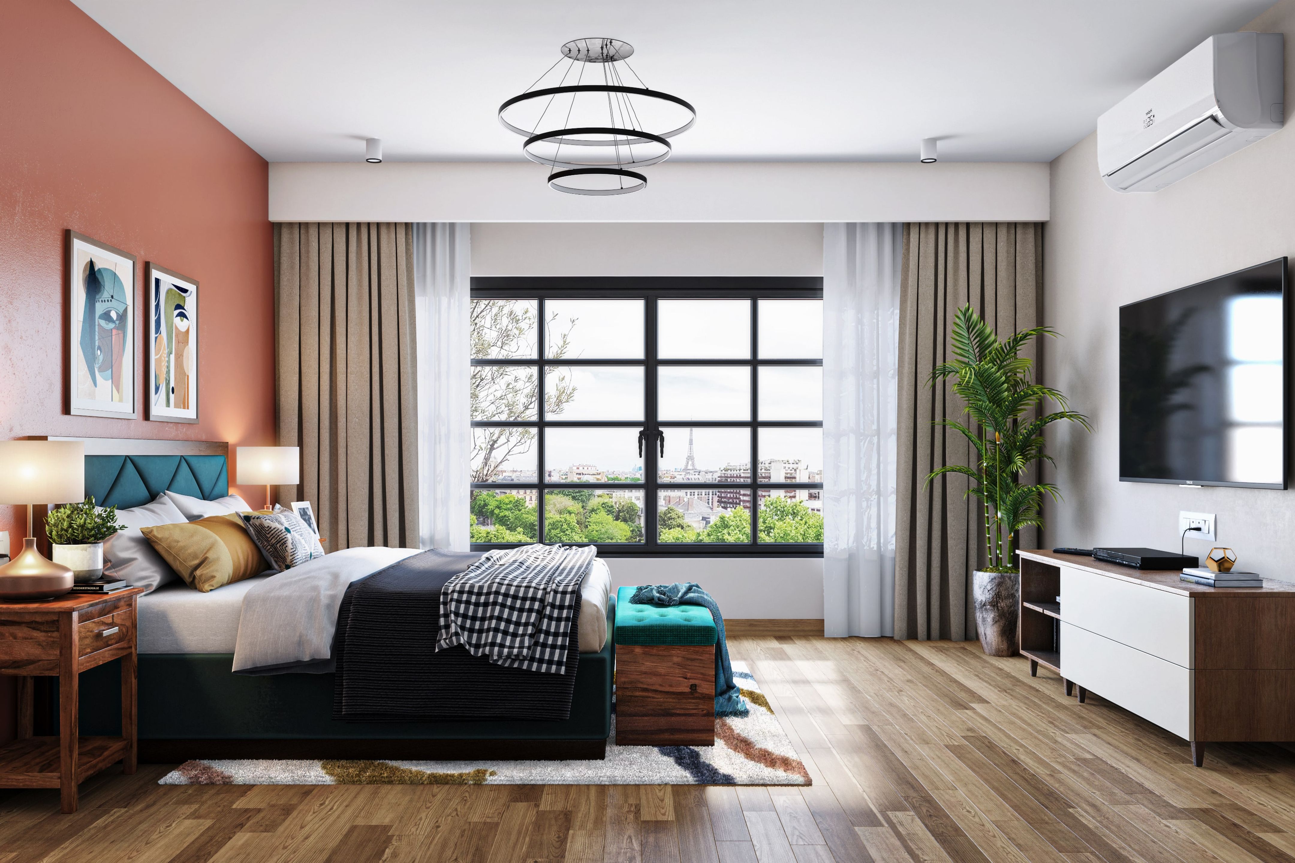 Spacious Mid-Century Modern Bedroom Design With Wooden Bed- 14X16 Ft ...