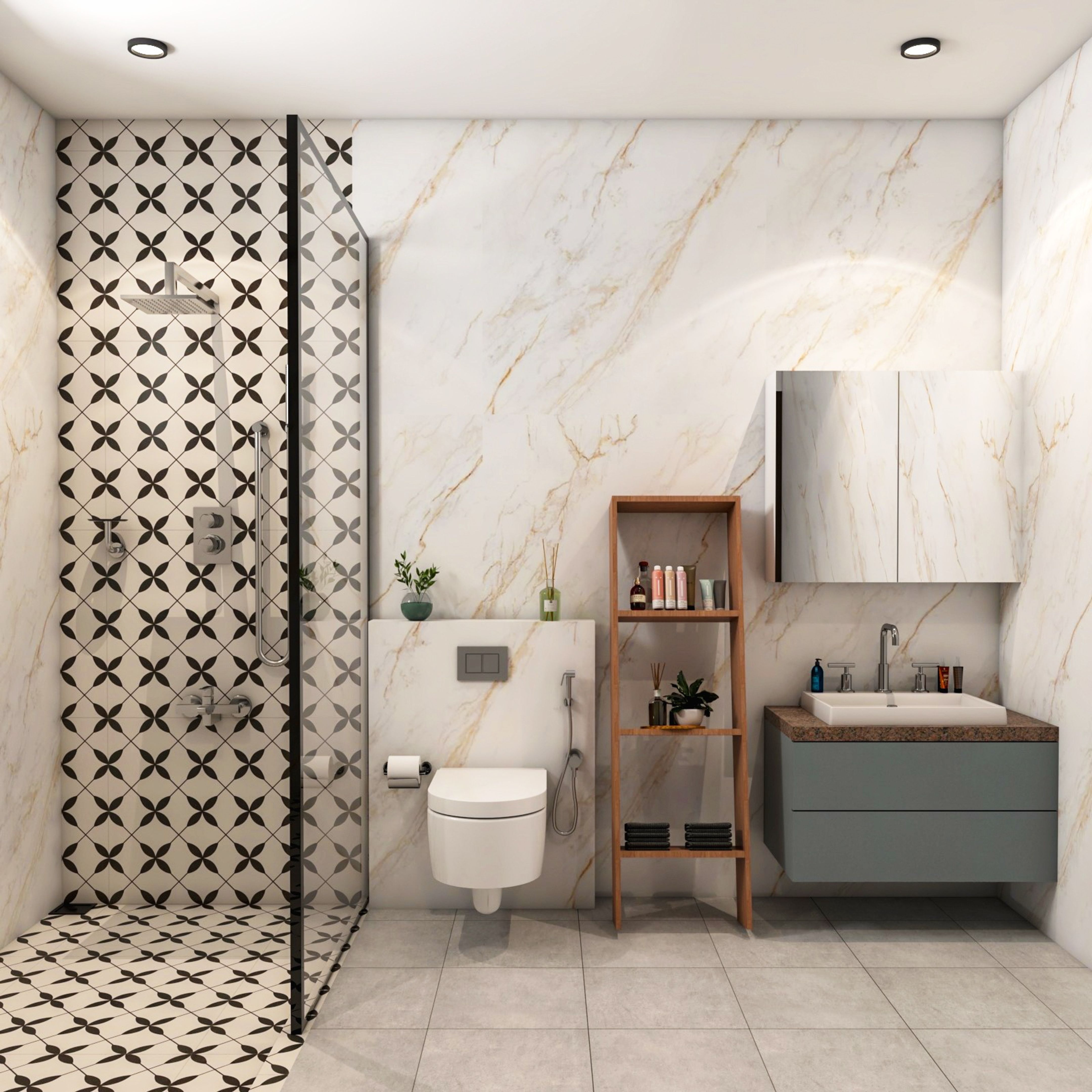 Spacious Bathroom Design With Patterned Tiles For The Shower Area | Livspace