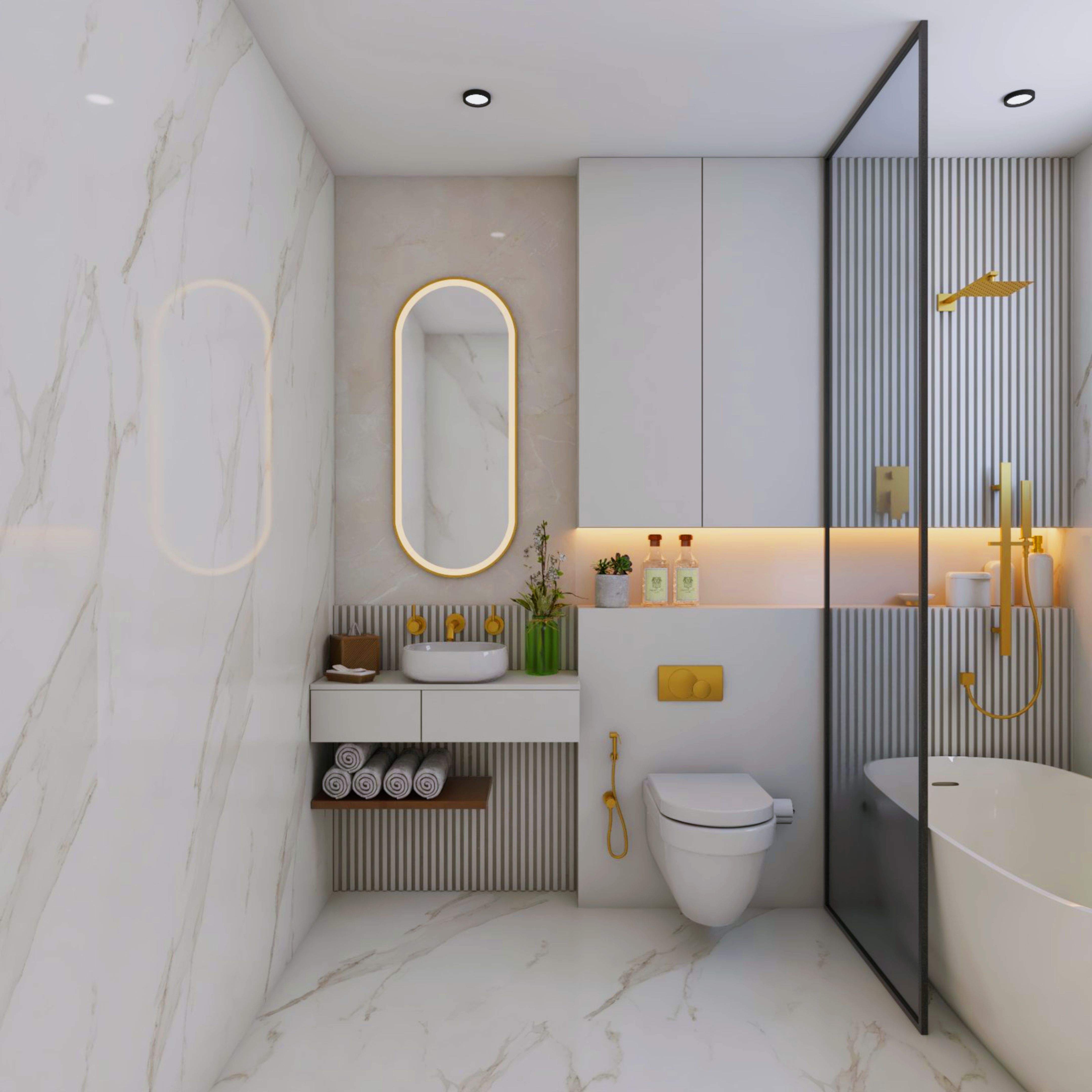 Mid-Century Modern Bathroom: Glass Partition & Oval Mirror | Livspace