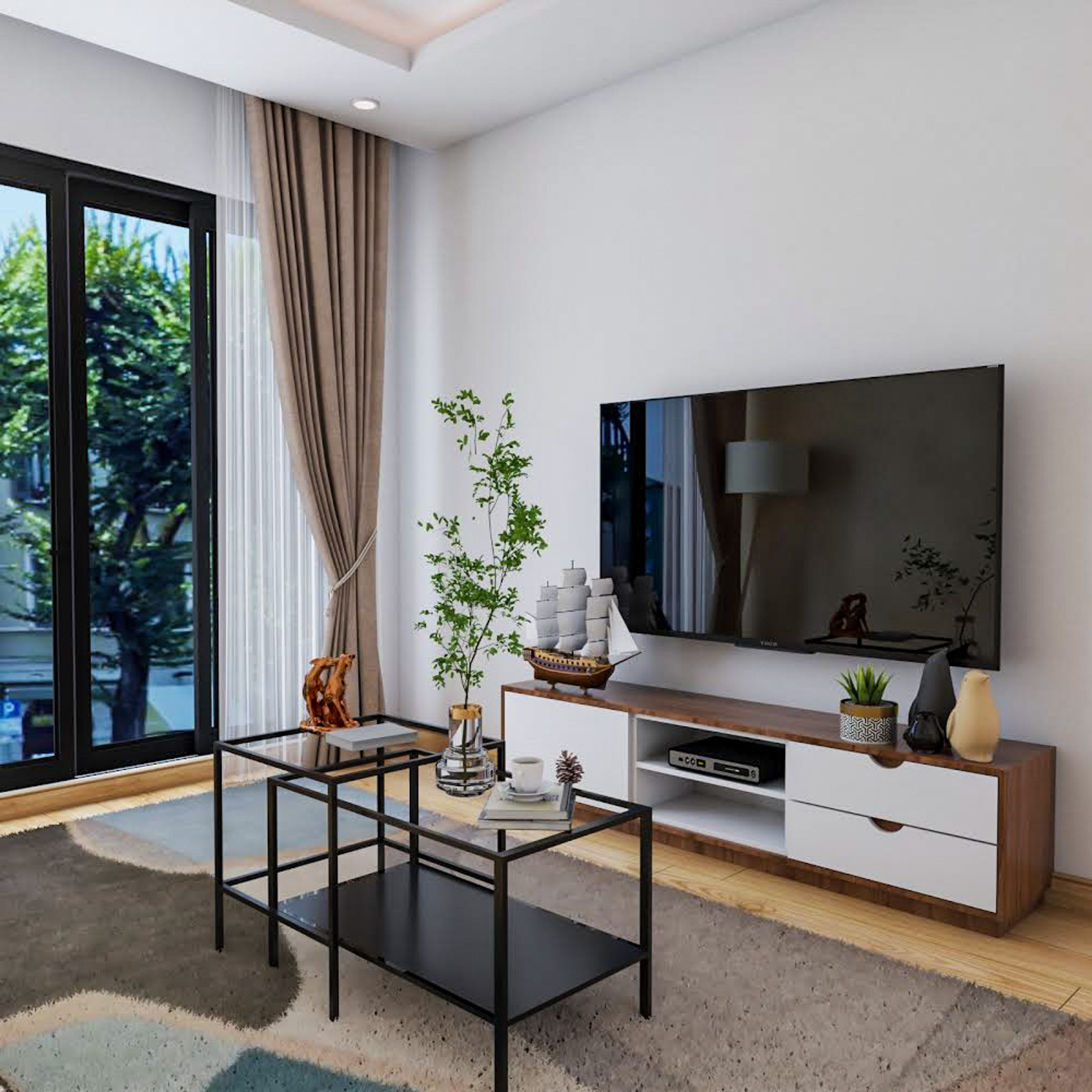Frosty White And Wood Floor-Mounted TV Unit Design | Livspace Frosty White And Wood Floor-Mounted TV Unit Design | Livspace