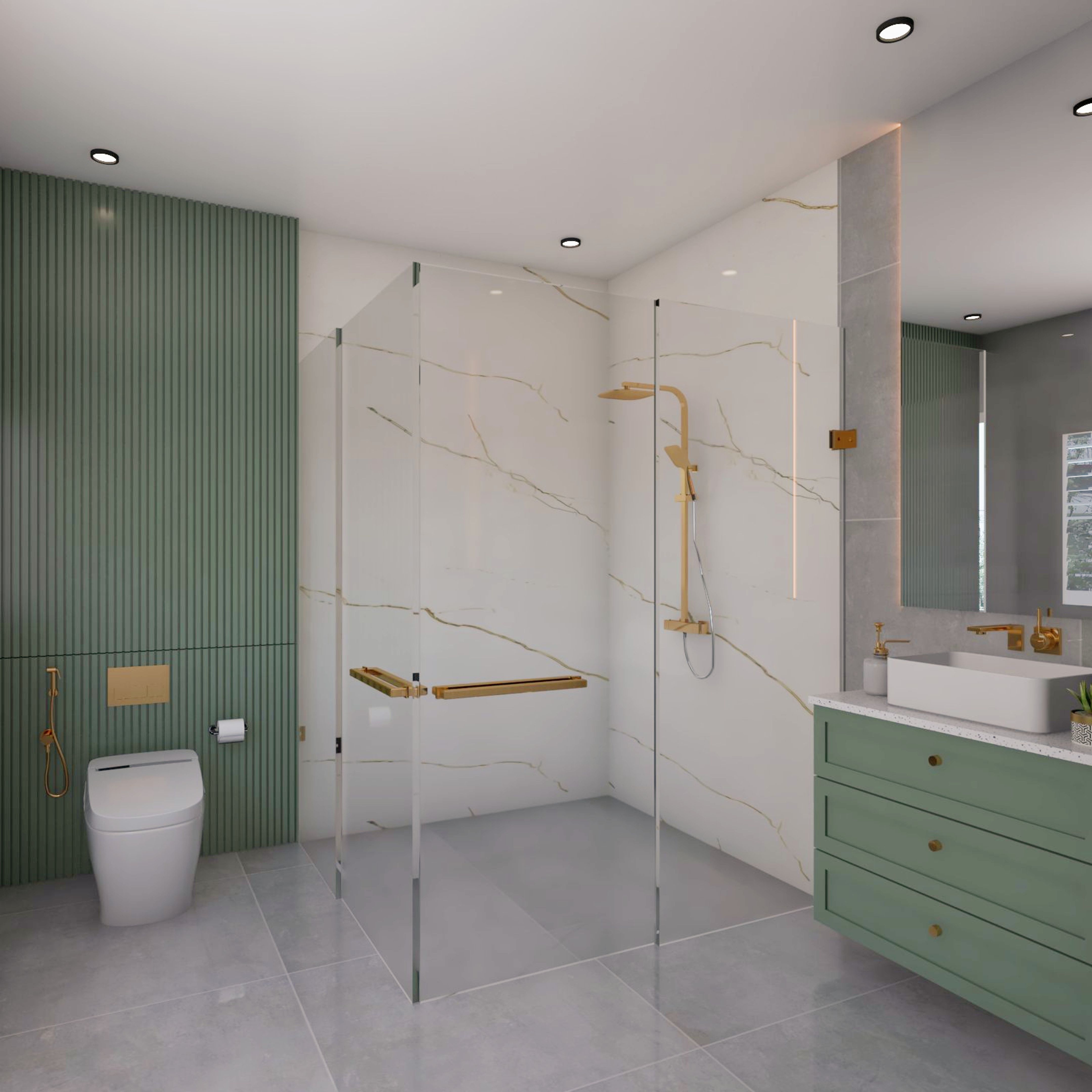 Tri-Toned Modern Bathroom Design With Green Fluted Panels And Grey Flooring | Livspace