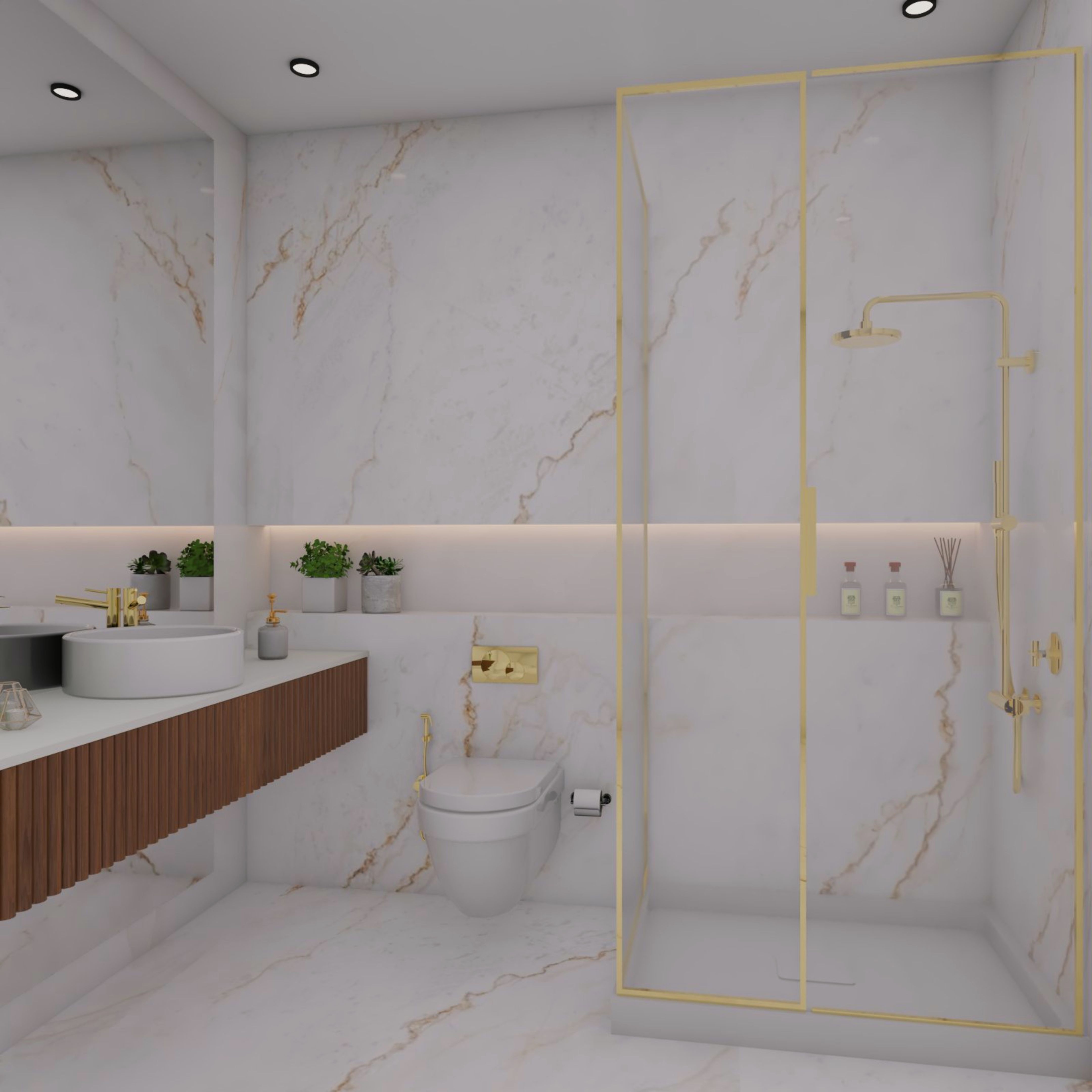 Luxurious Marble White Bathroom Design With Gold-Framed Glass Partition | Livspace