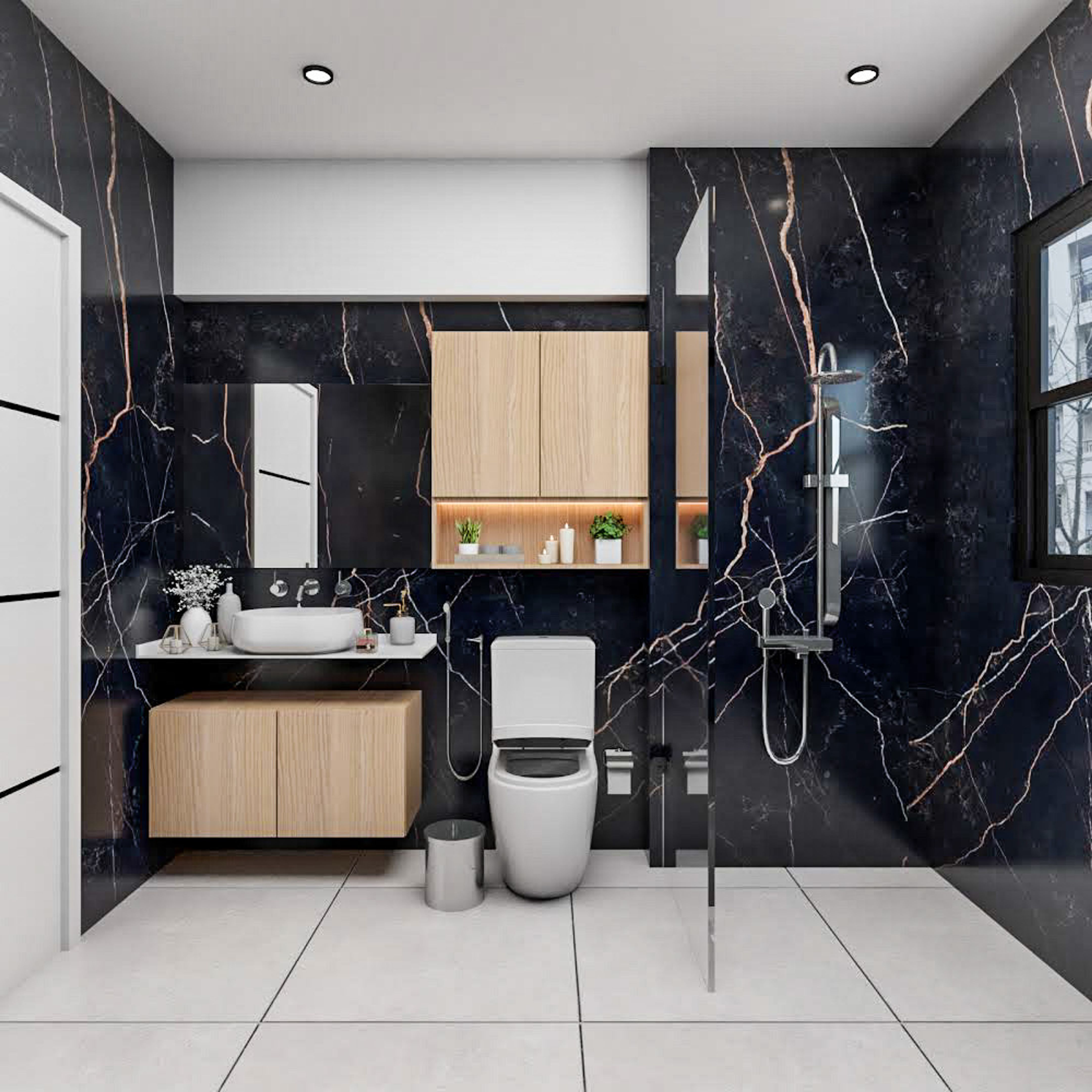 Ceramic Matte Black And White Restroom Tiles Design | Livspace