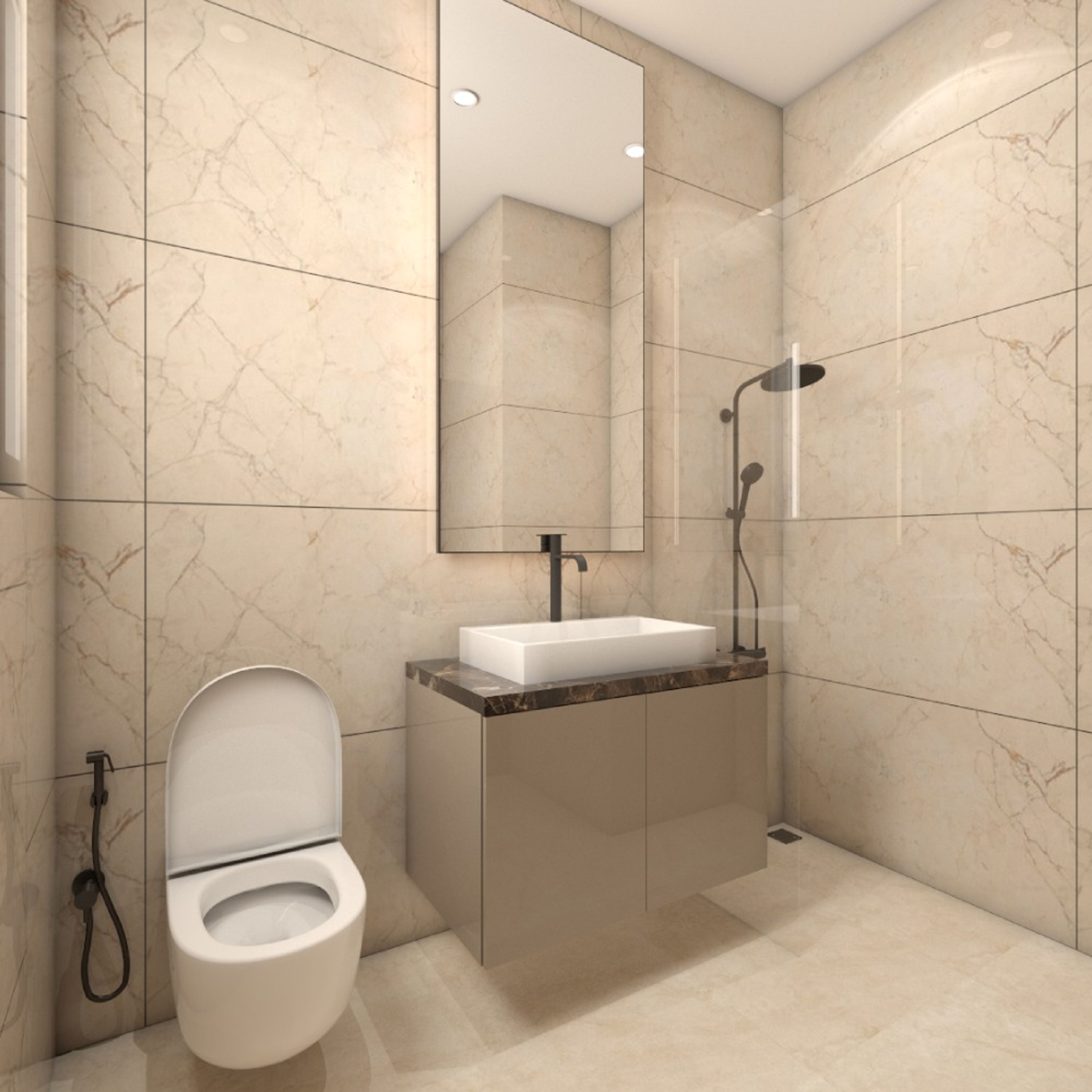 Beige Compact Bathroom Design With Wall Mounted Vanity Unit And ...