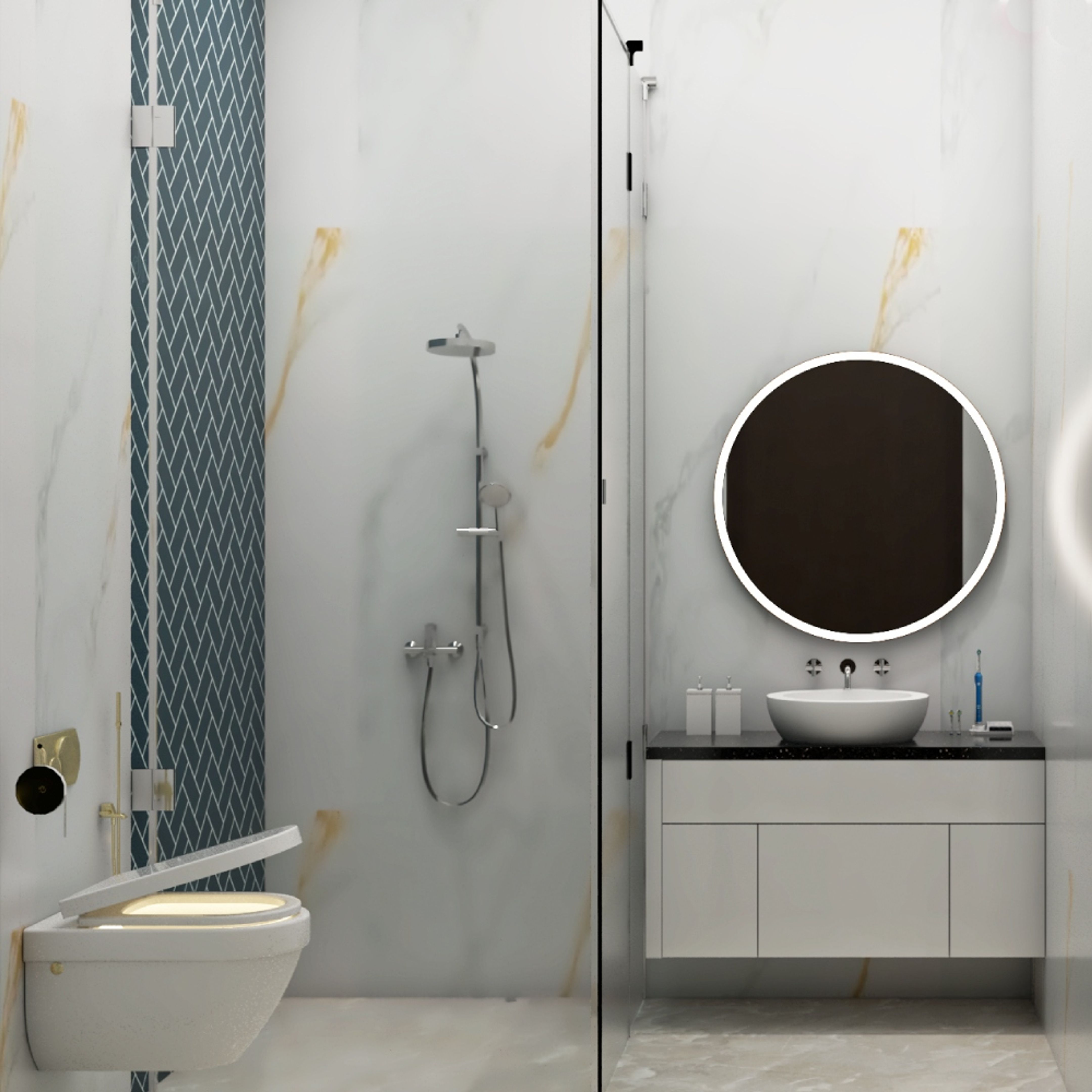 Compact White And Blue Bathroom Design With Granite Countertop - 7X7 Ft ...