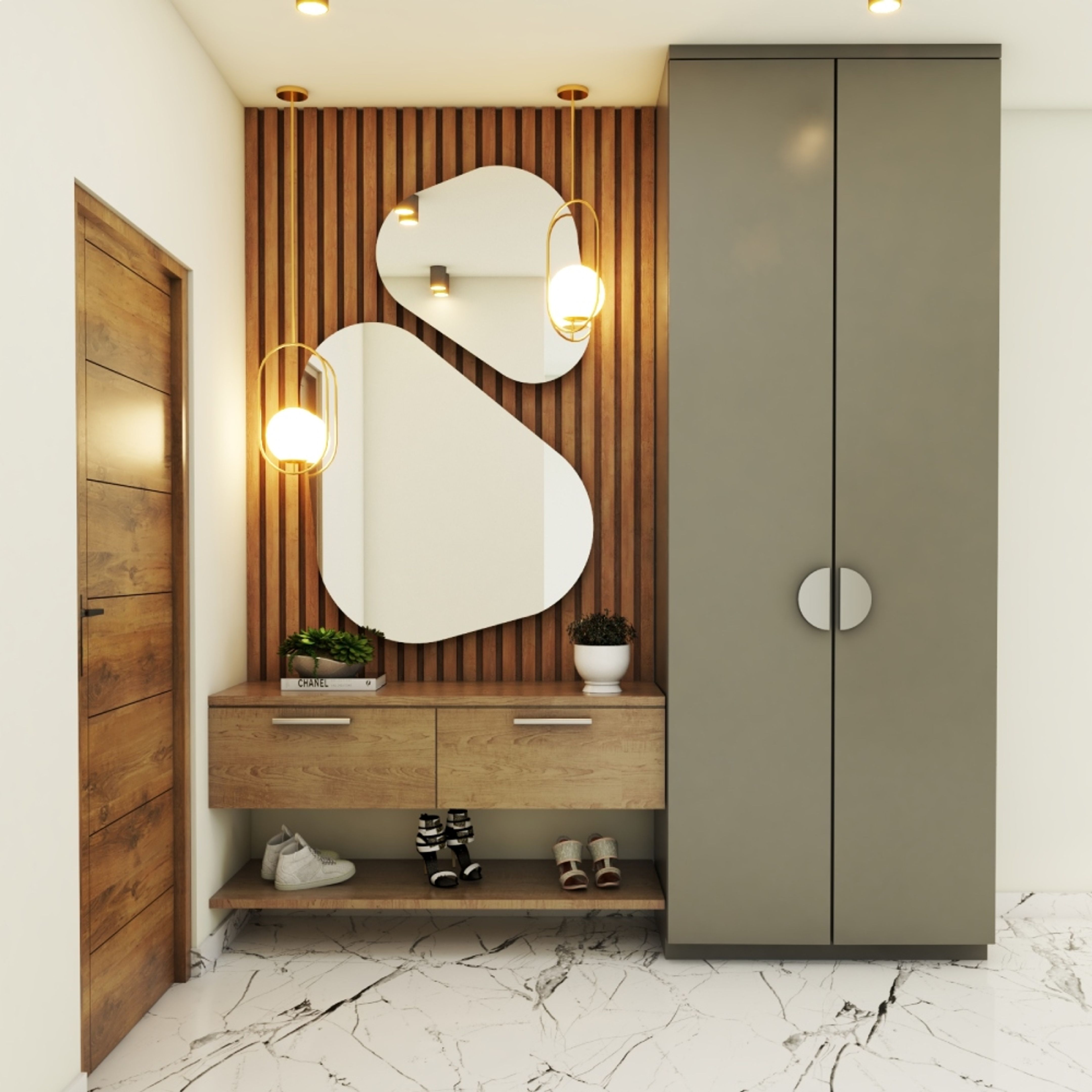 Spacious Foyer Design With Wooden Wall Planks And Abstract Mirror - 8x9 ...
