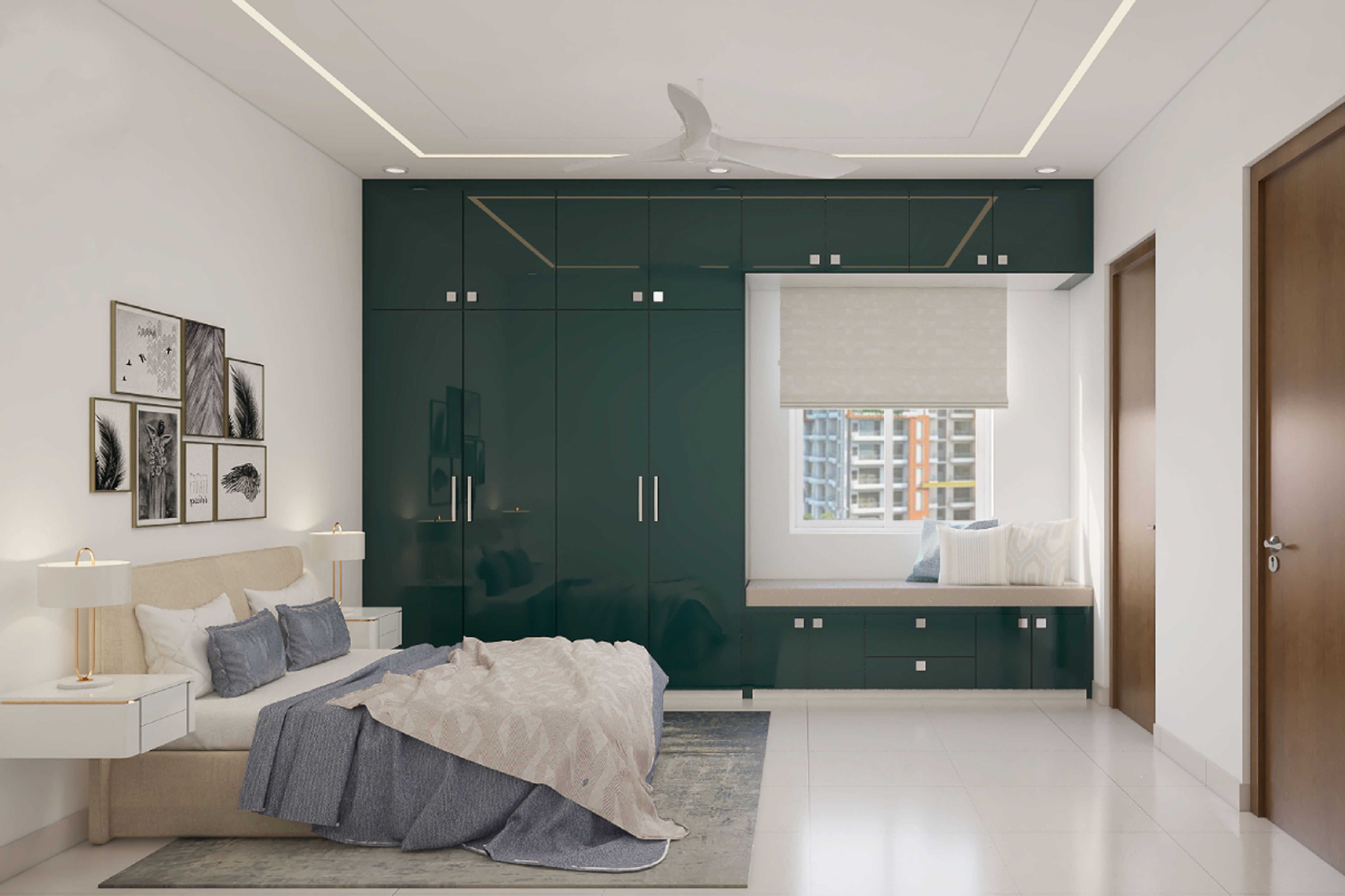 Spacious Guest Room Design With Green Glossy Wardrobe | Livspace