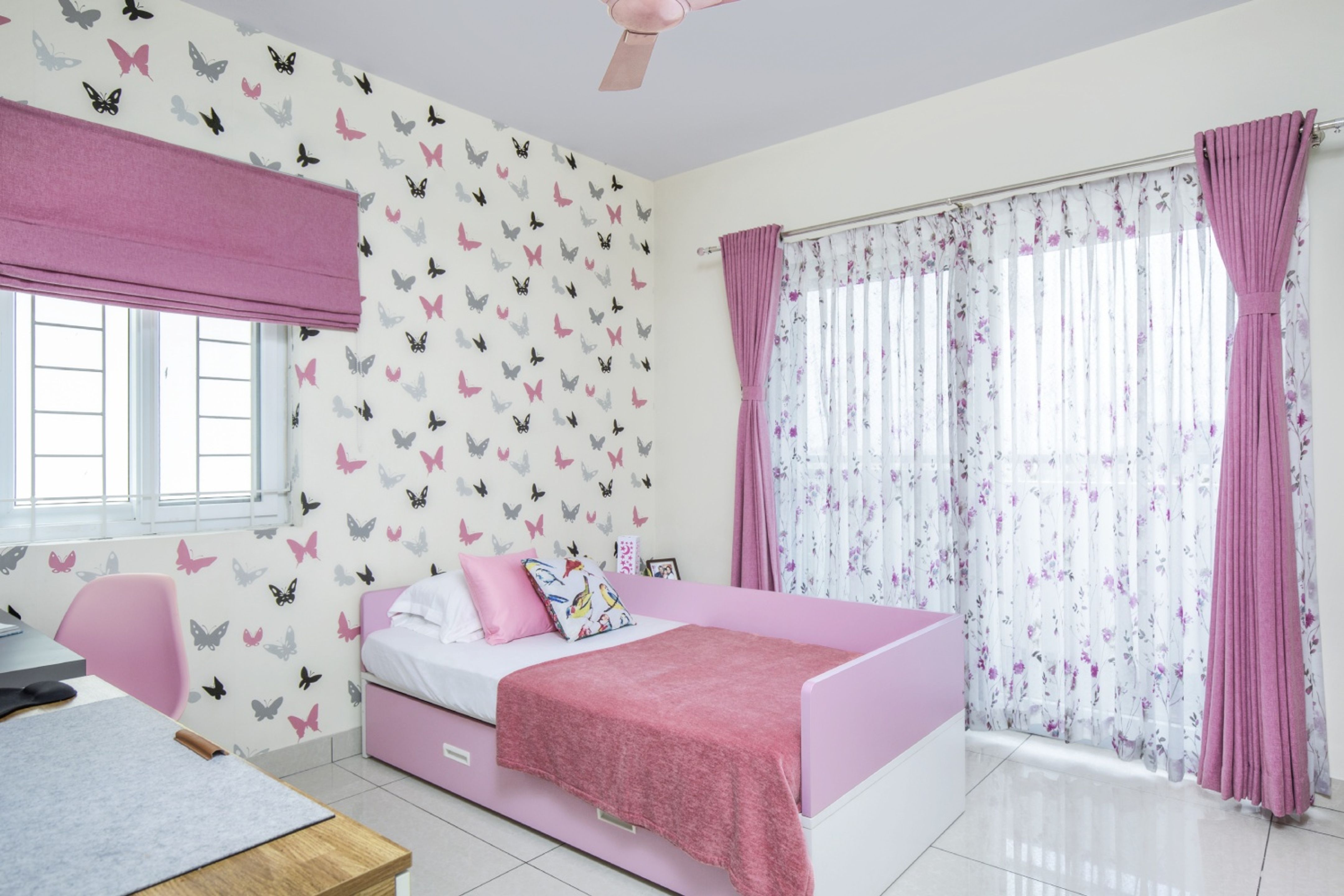 Kids Bedroom Design With A Grey And White Study Table - 12X11 Ft | Livspace