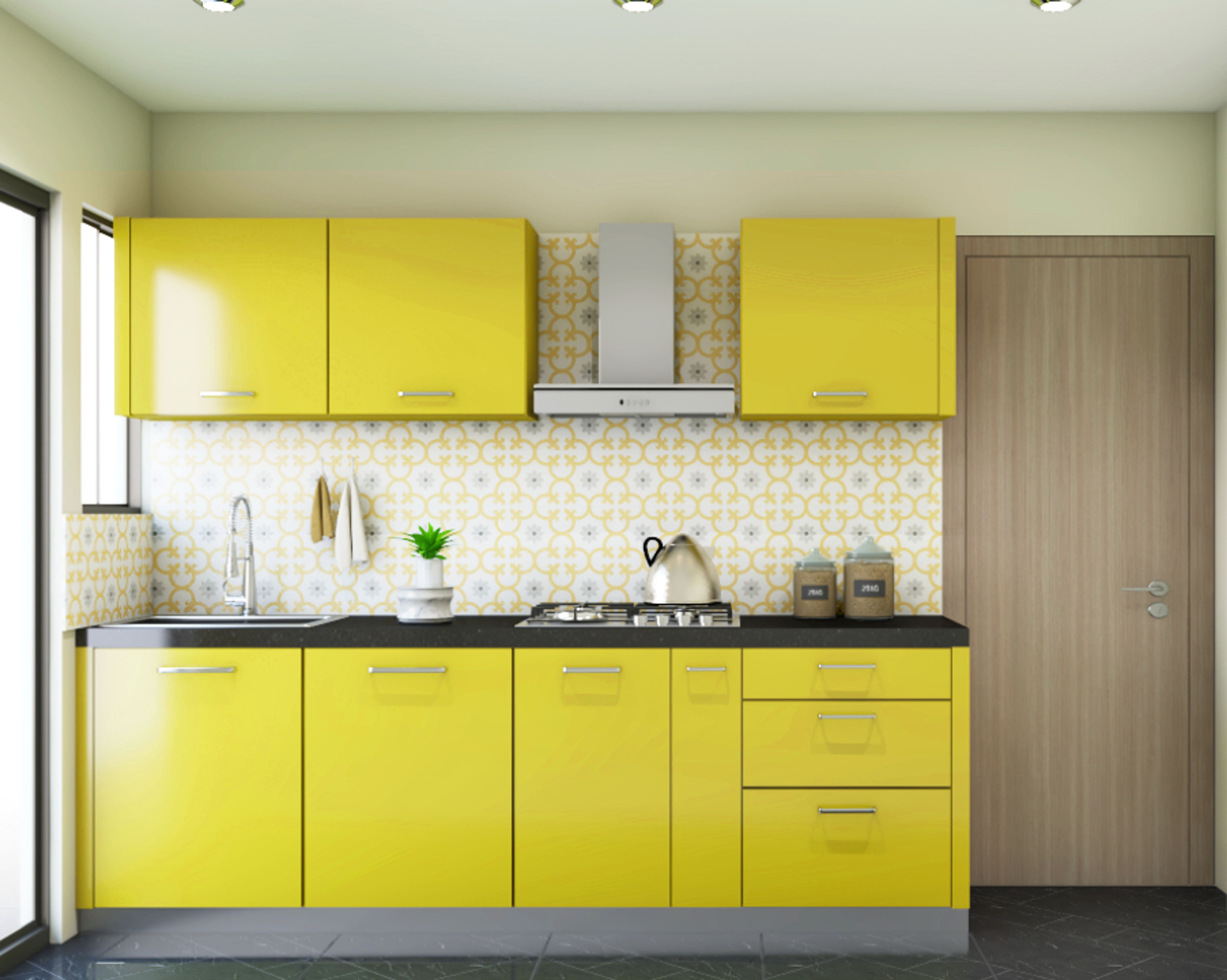 Compact Kitchen Design With Yellow Cabinets - 8X8 Ft | Livspace