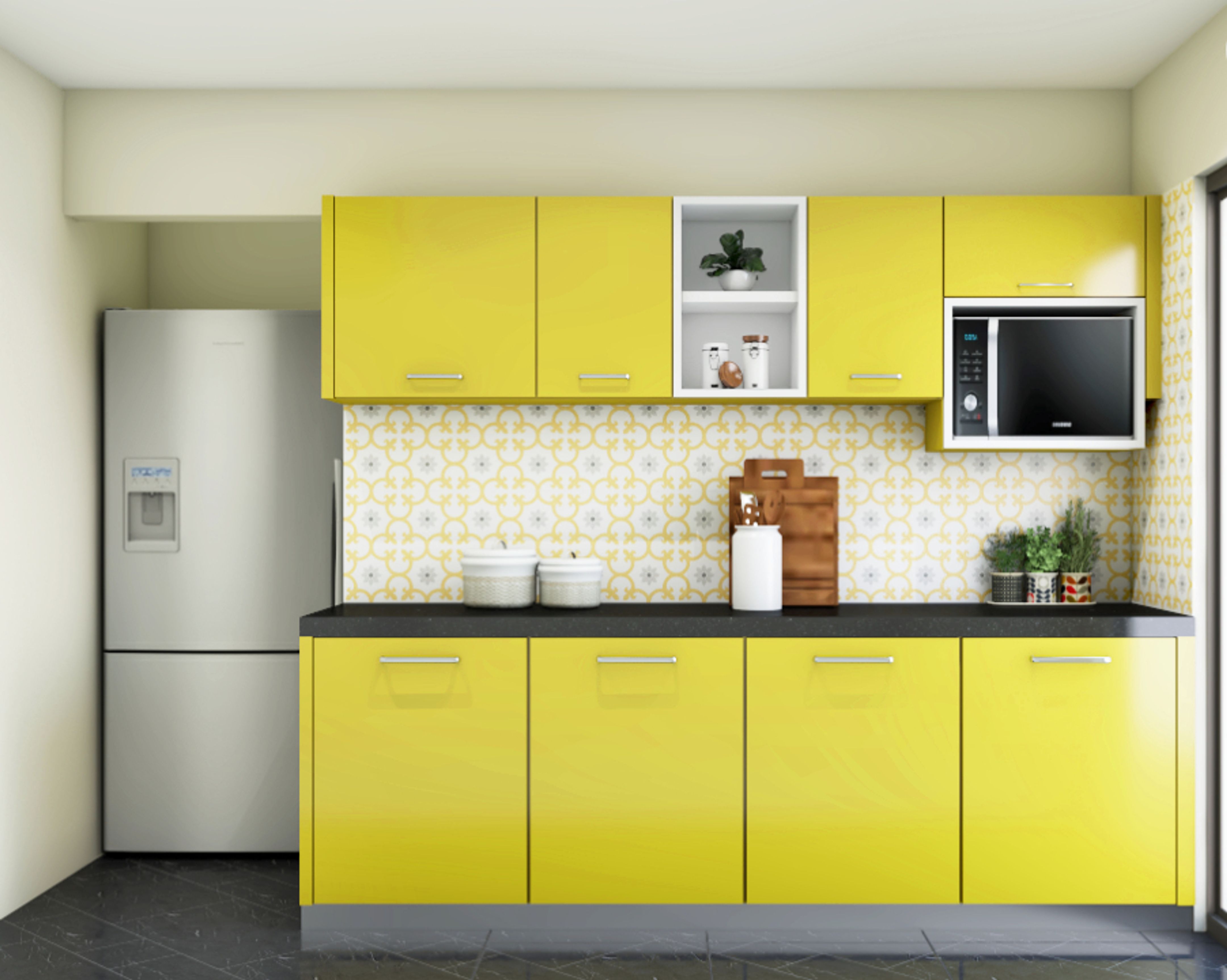 Compact Kitchen Design With Yellow Cabinets - 8X8 Ft | Livspace