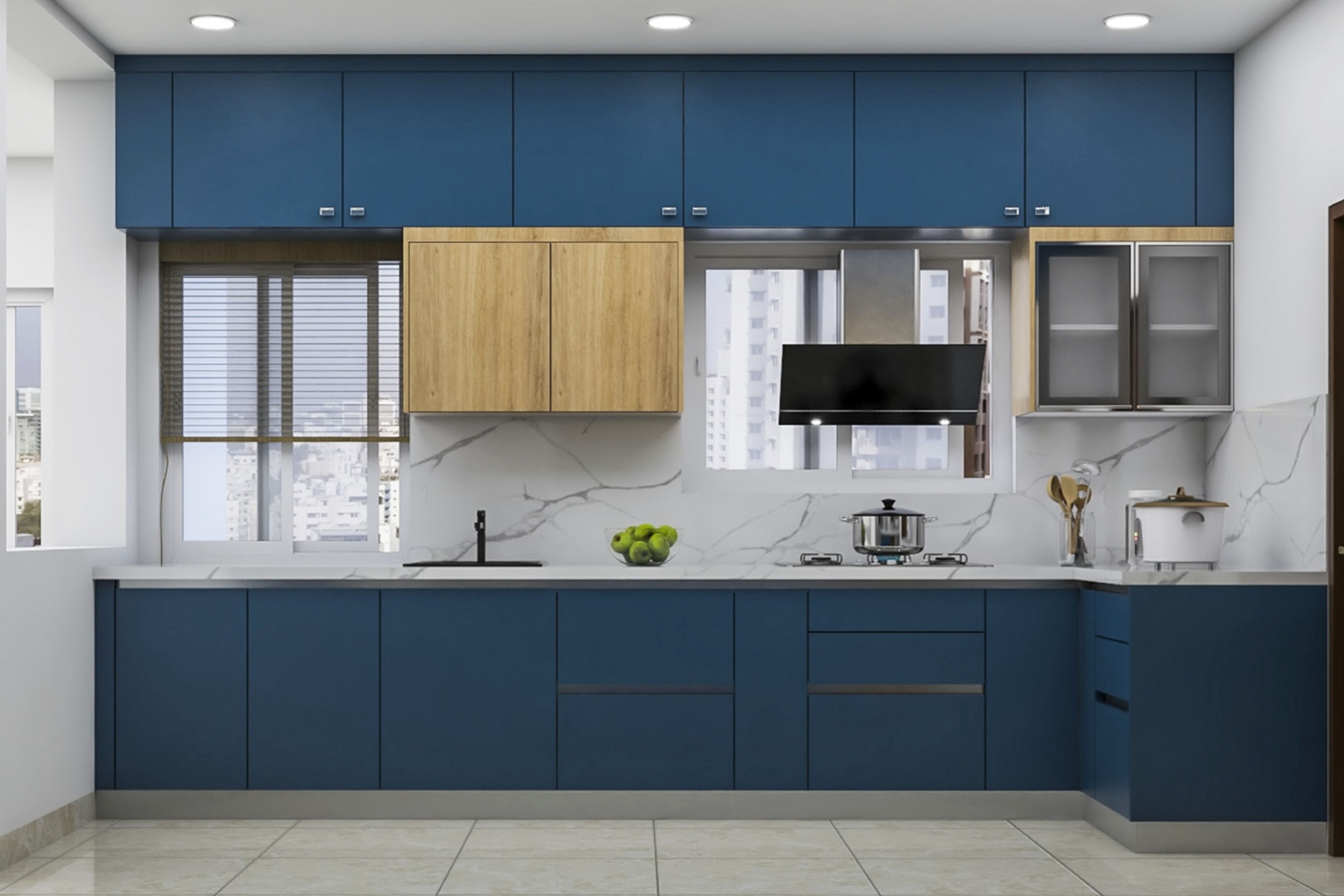 Spacious Indian Kitchen Design With Marble Dado Tiles | Livspace