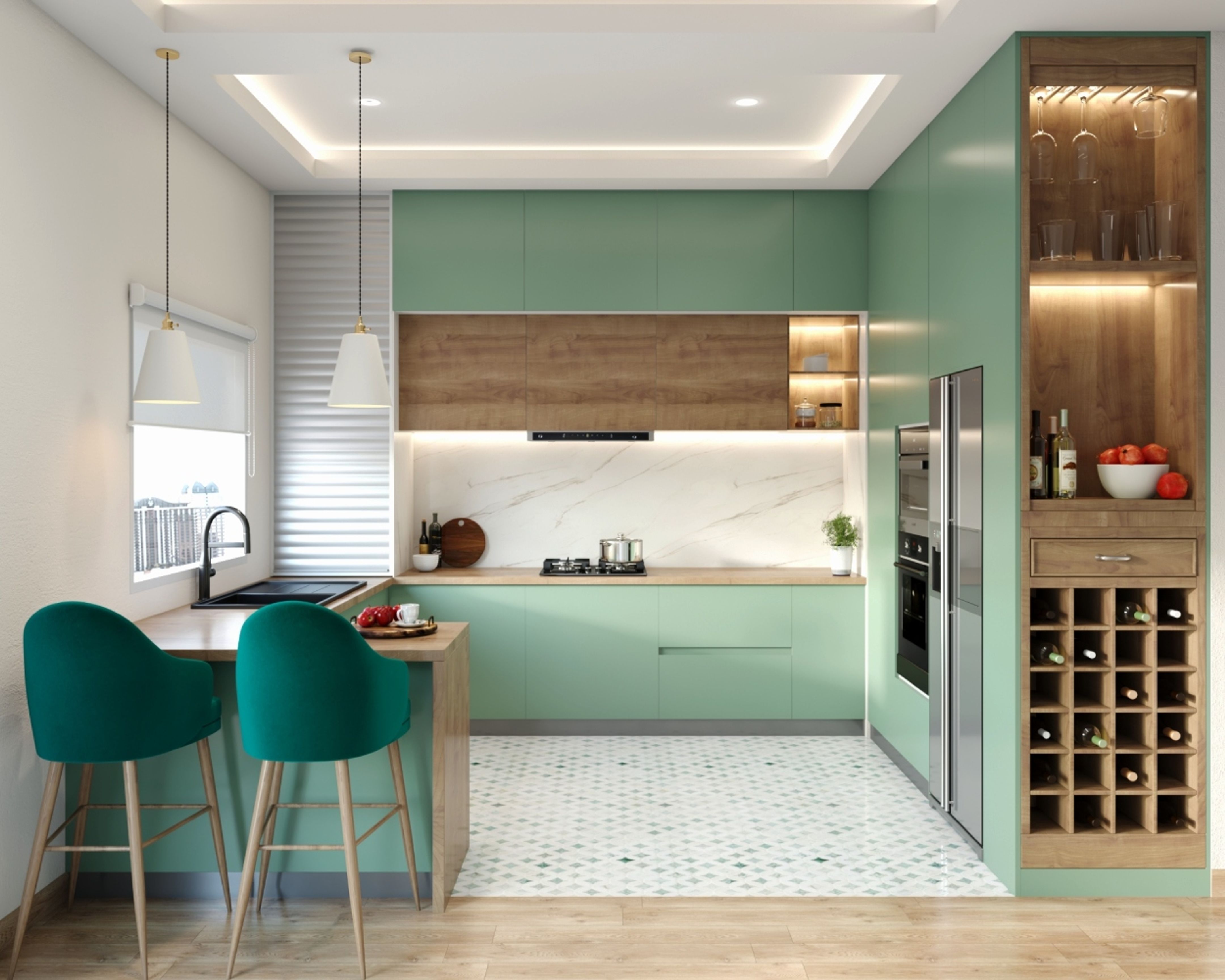 Modular Kitchen Design With A Breakfast Counter And Seating - 13X12 Ft ...