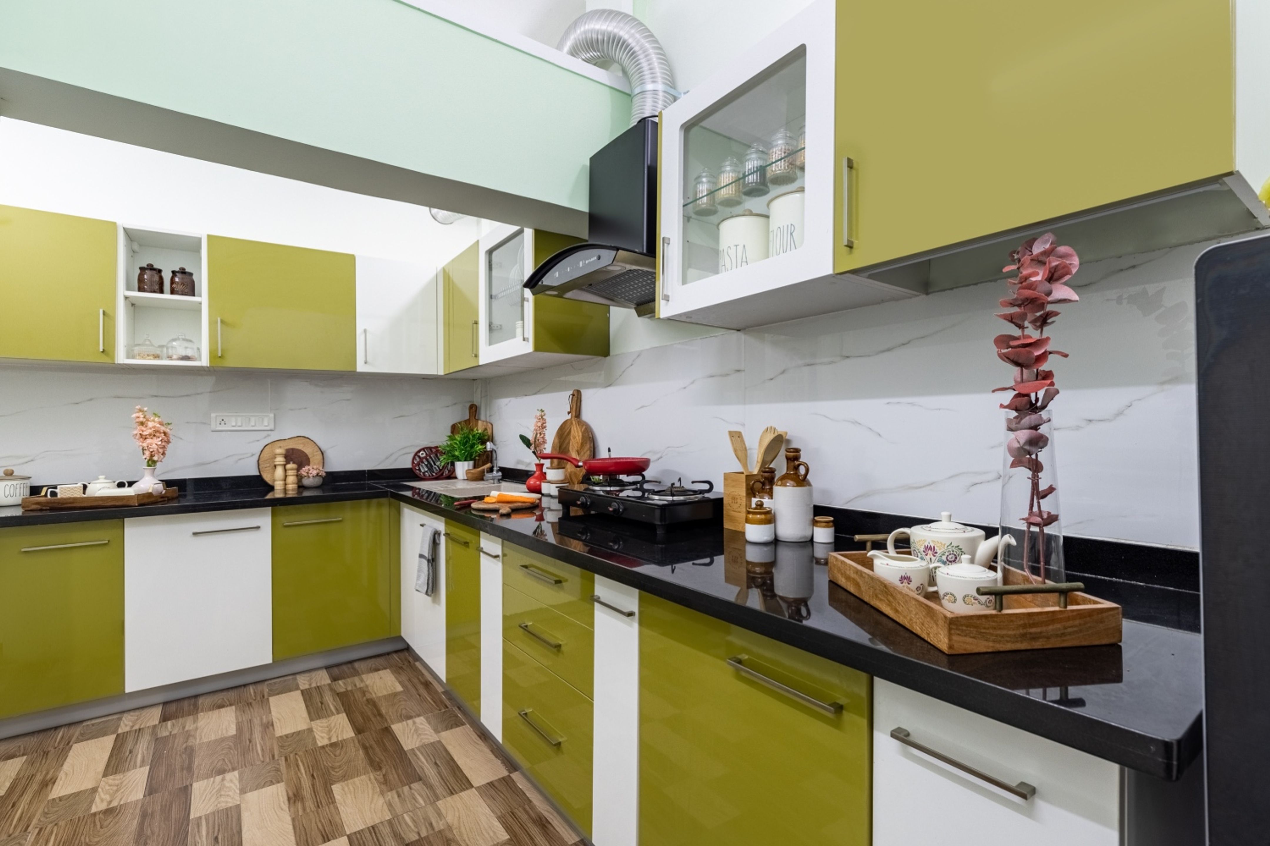 Modular Kitchen Design With Spacious White And Green Kitchen Cabinets ...