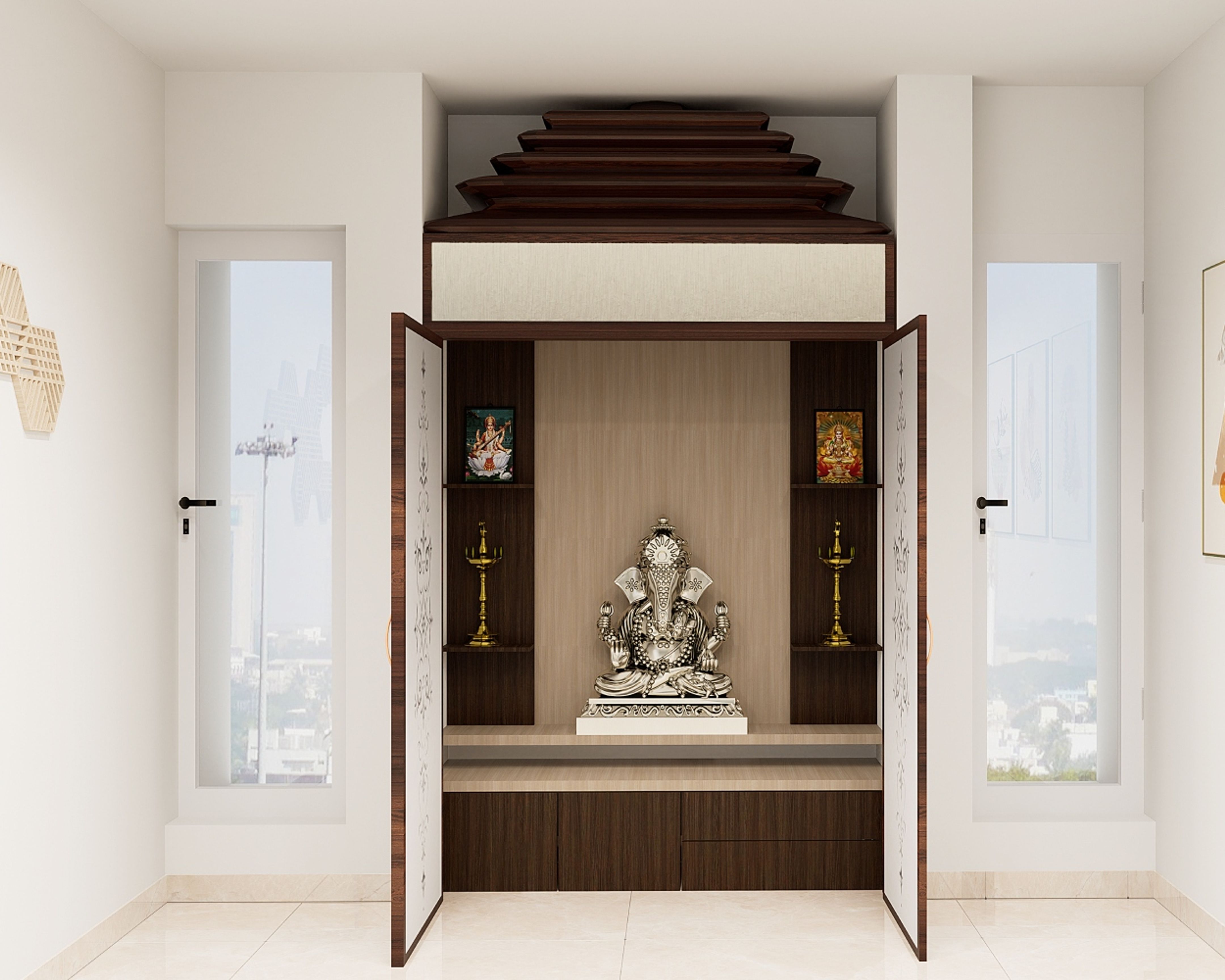 Floor-Mounted Pooja Mandir Design With Drawers | Livspace