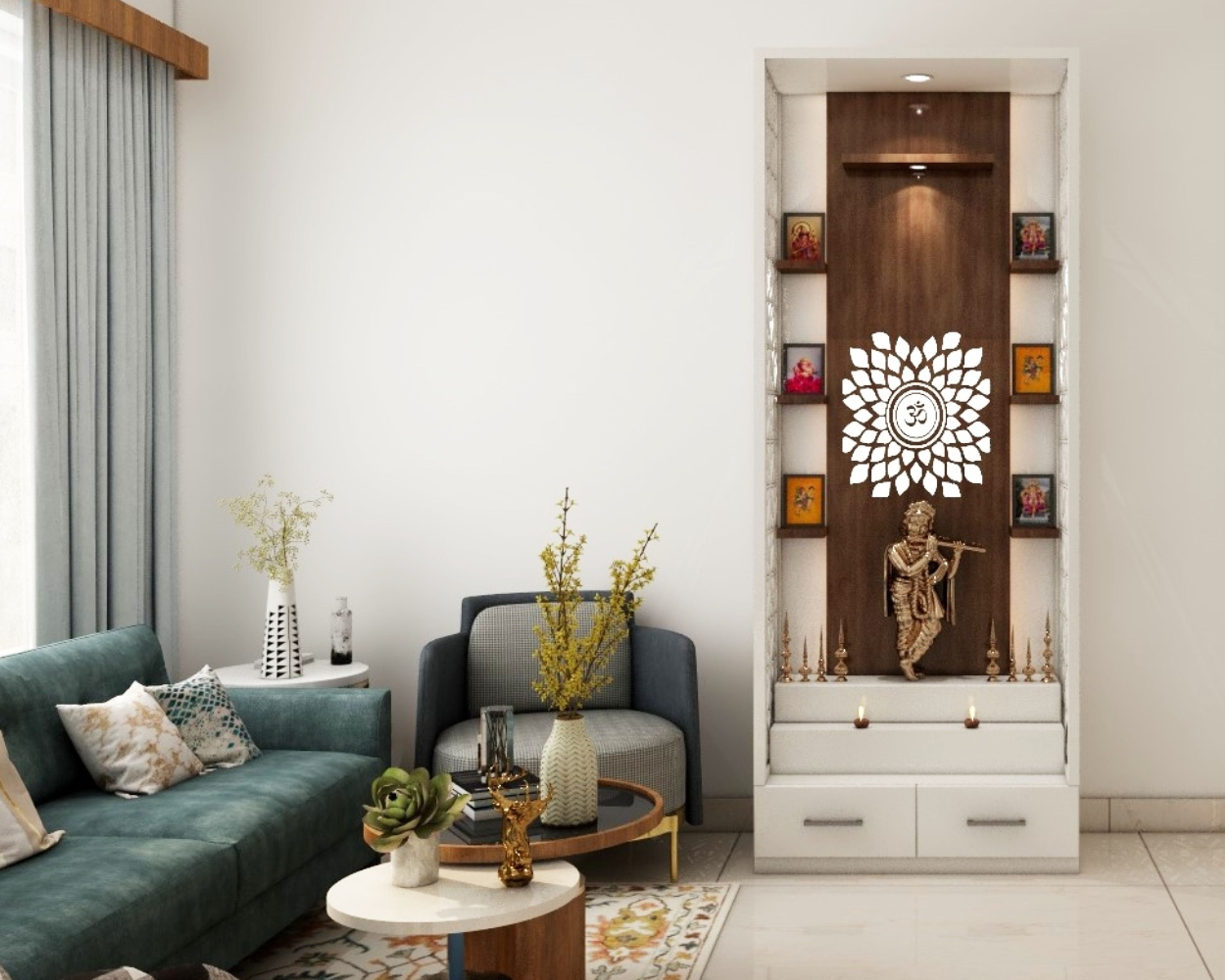 Compact Mandir Design With Wooden Wall Panel | Livspace