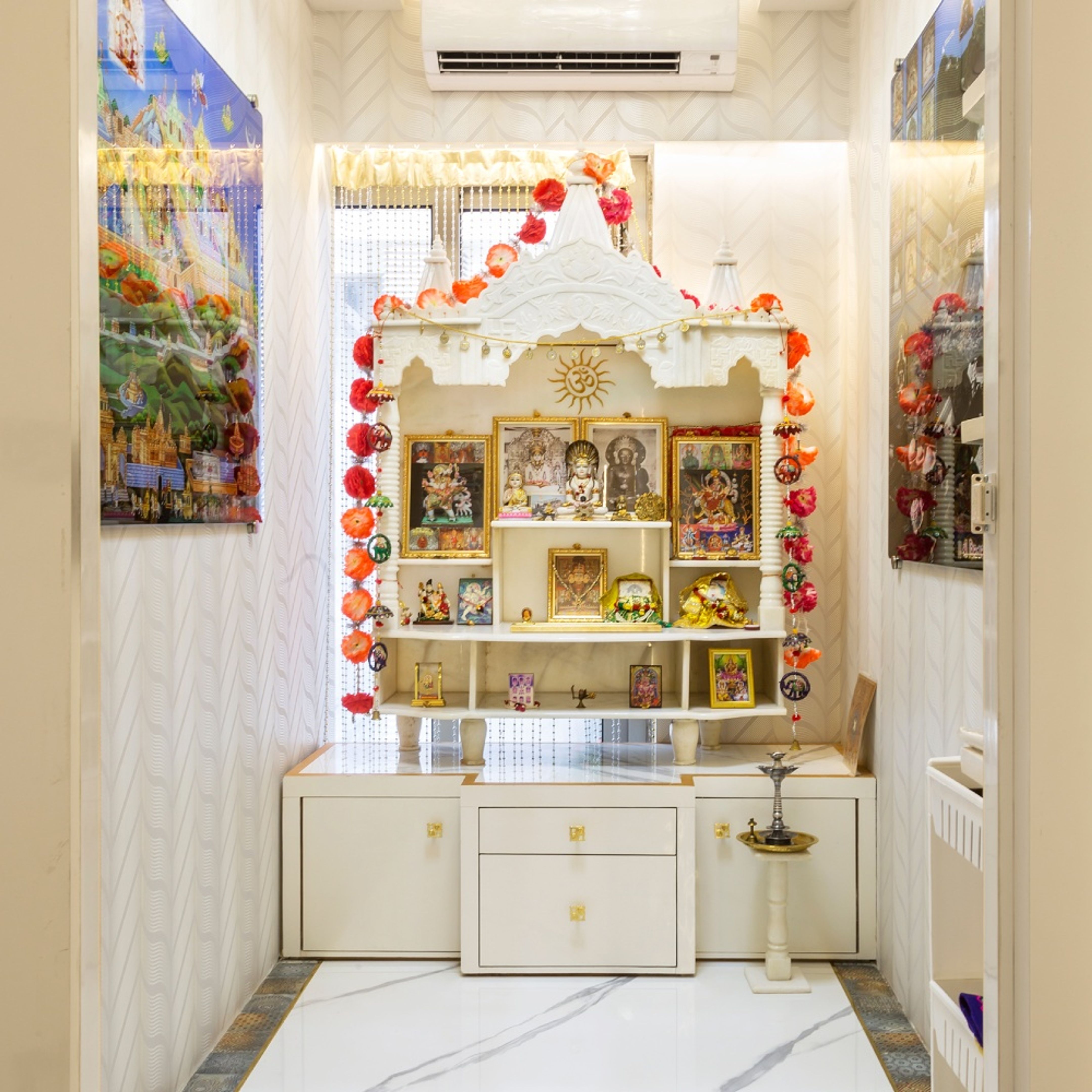 Spacious Frosty White Mandir Design With White Storage Unit - 5X7 Ft ...