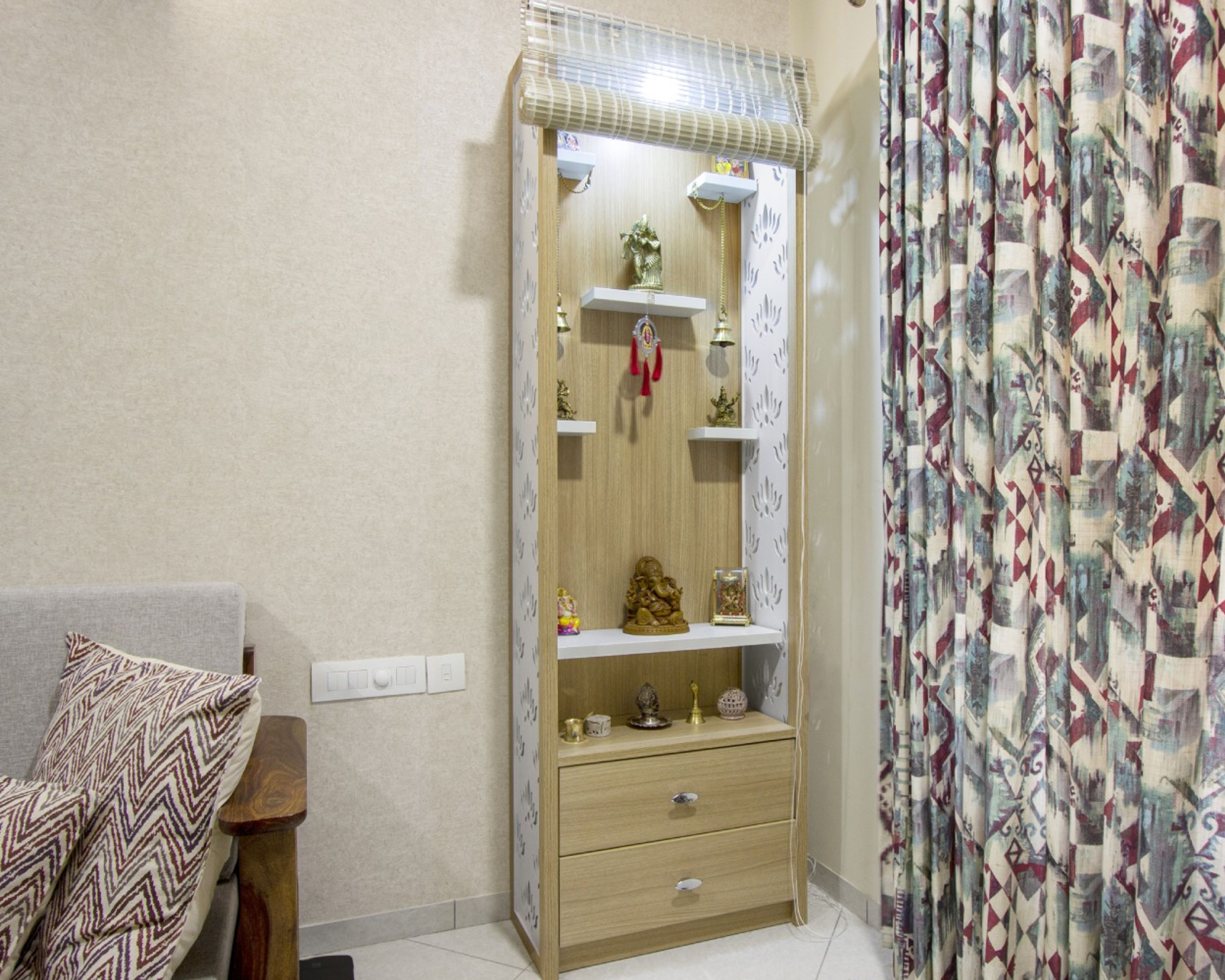 Compact Open Mandir Design In Beige | Livspace