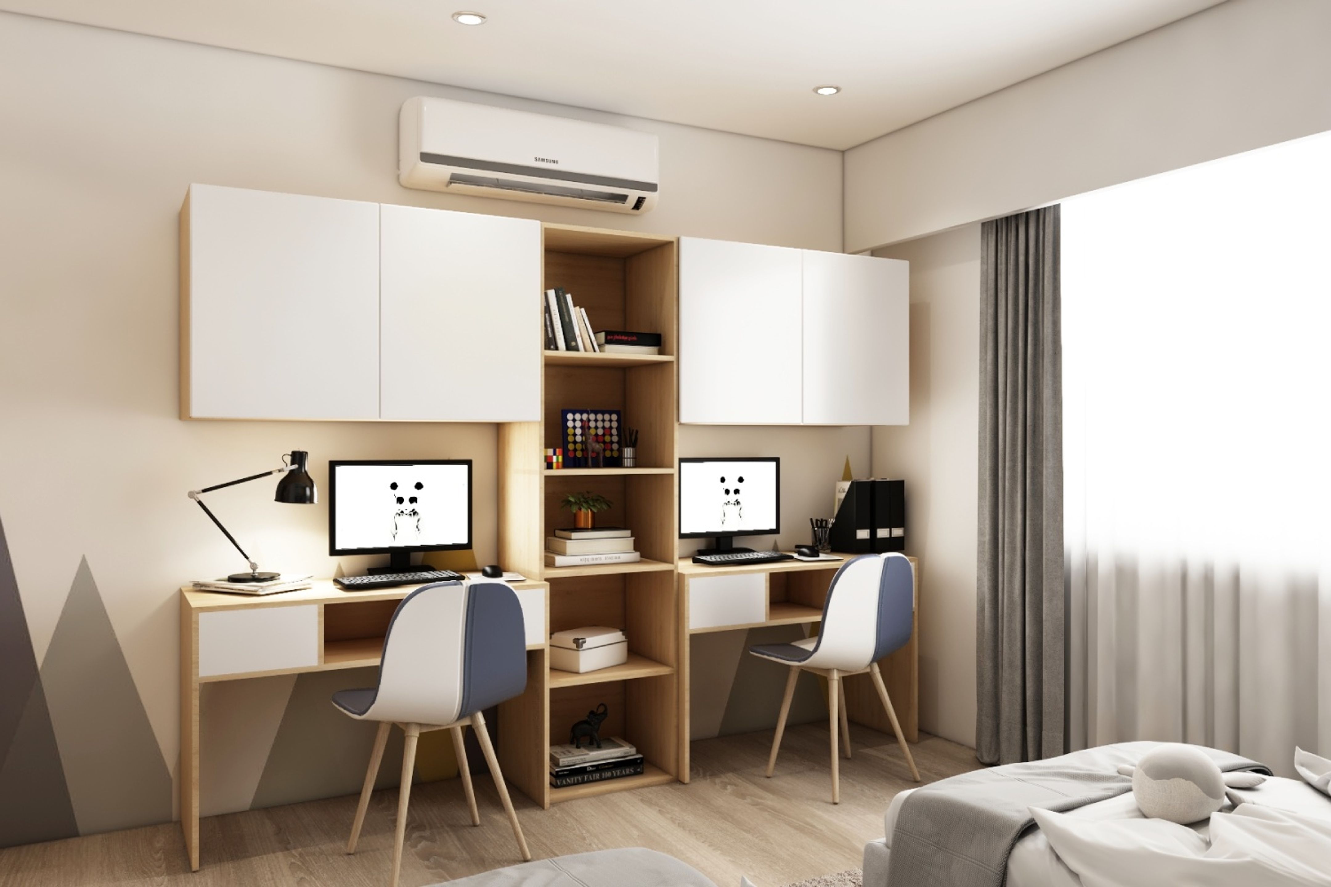 Spacious Twin Neutral-Toned Study Room Design | Livspace