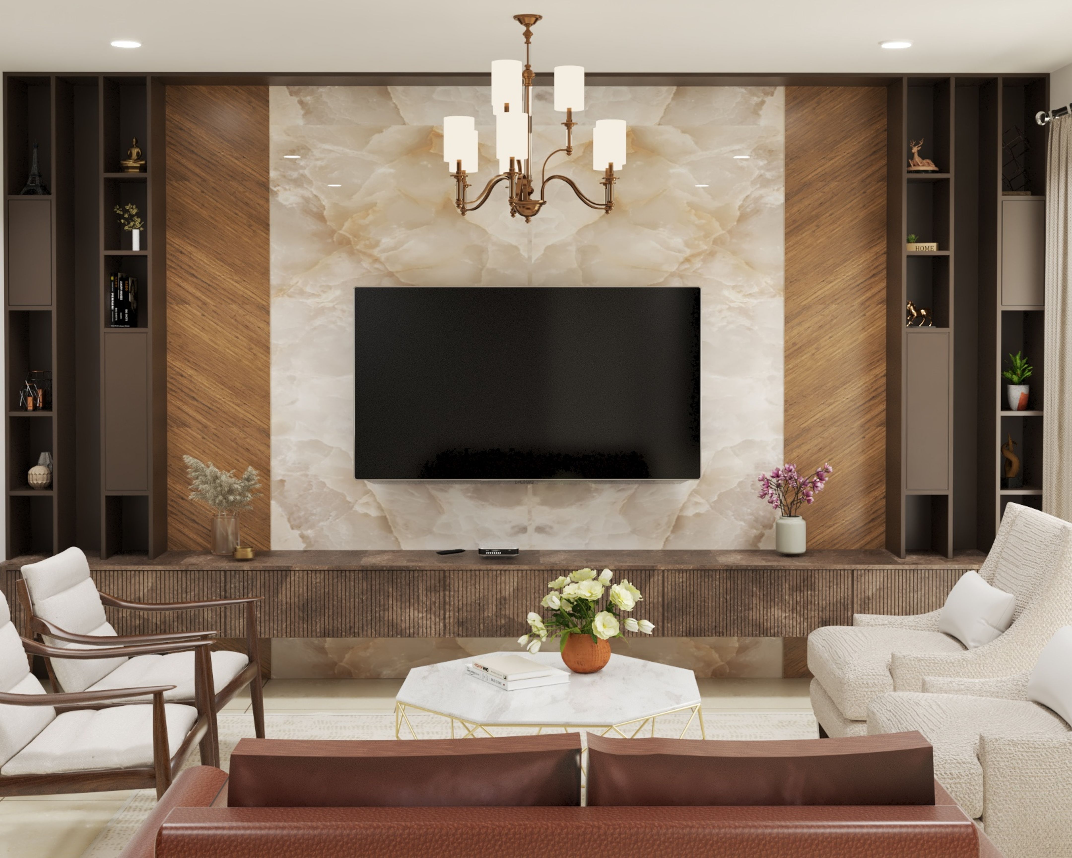 Wall-Mounted TV Unit Design With Pendant Lights | Livspace